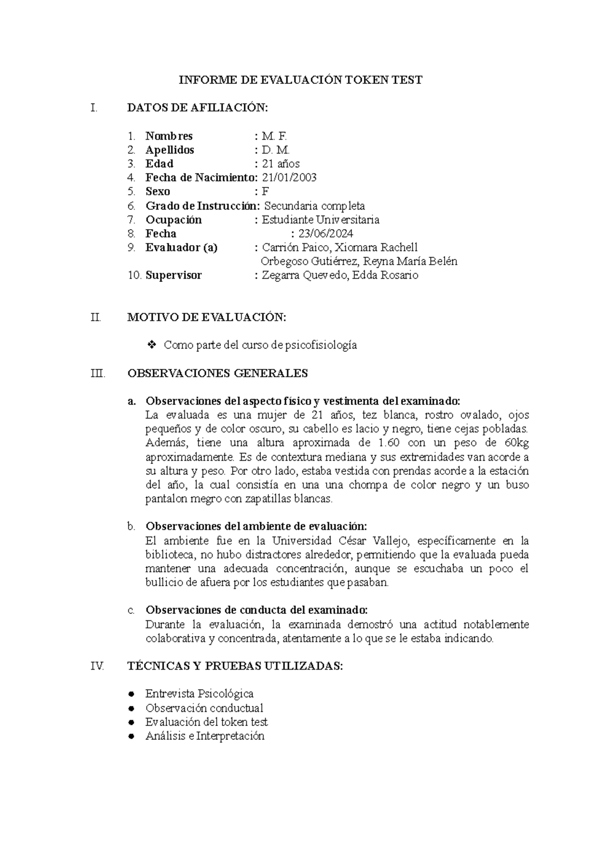 Informe Token TEST. RCPM - INFORME DE EVALUACIÓN TOKEN TEST I. DATOS DE ...