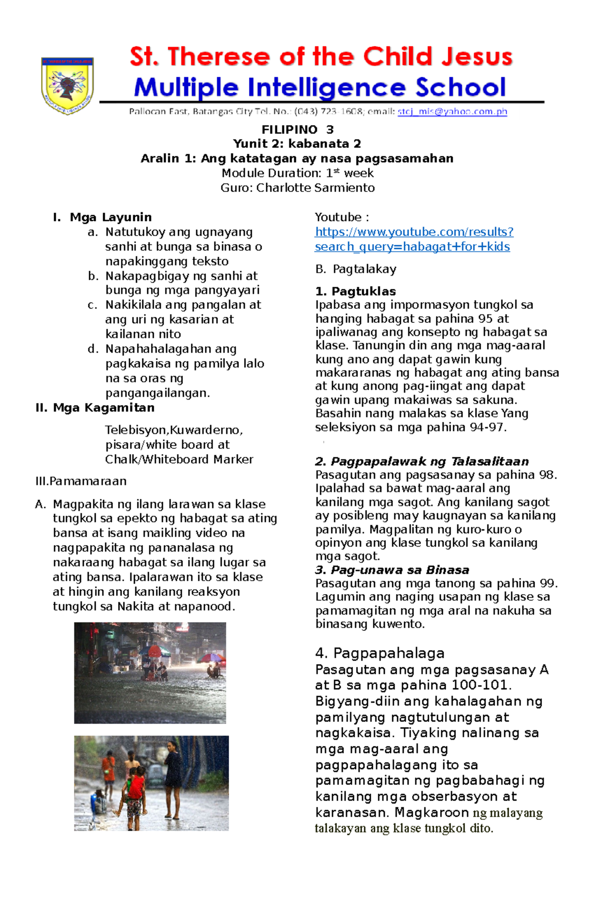 1st week Lesson plan Q2 - FILIPINO 3 Yunit 2: kabanata 2 Aralin 1: Ang ...