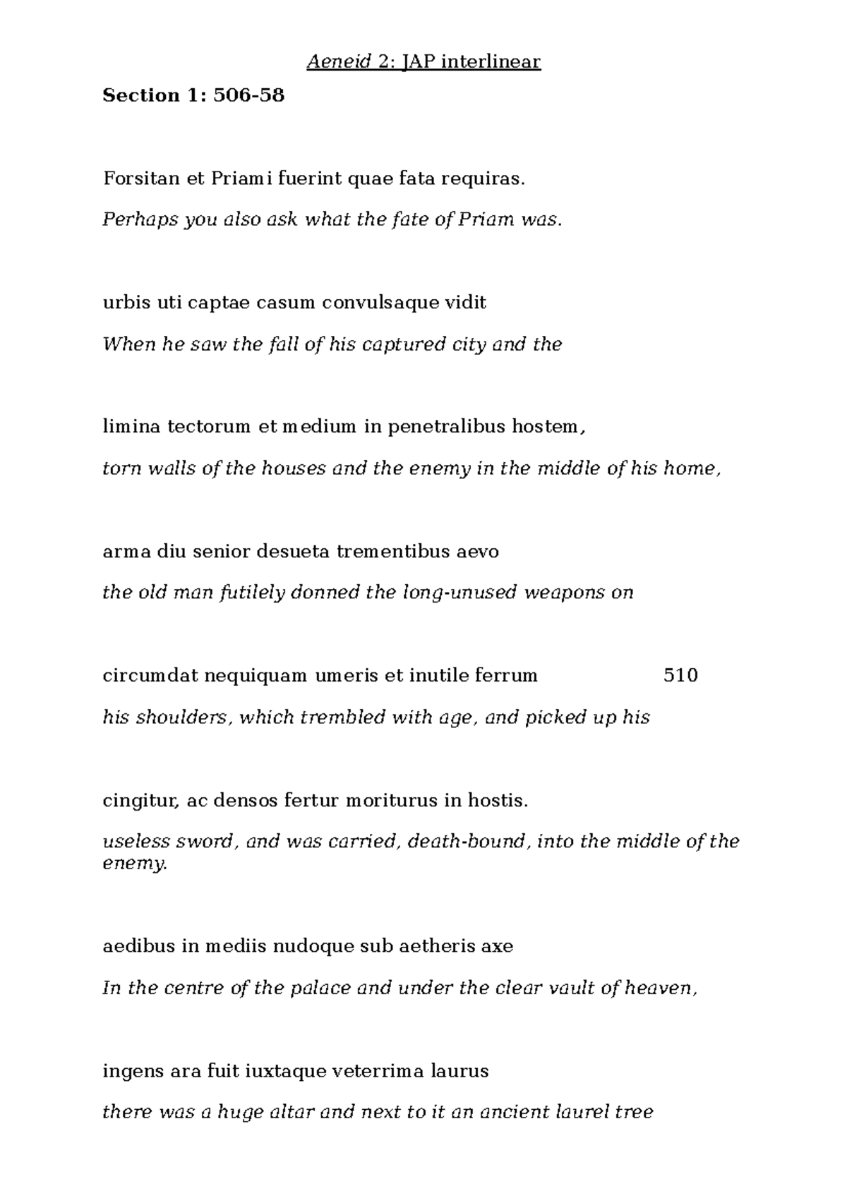 Aeneid 2 (JAP interlinear) - Aeneid 2: JAP interlinear Section 1: 506- Forsitan et Priami ...