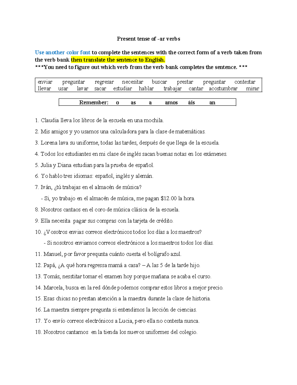 -AR verb bank - Spanish work 2023' - Present tense of -ar verbs Use ...