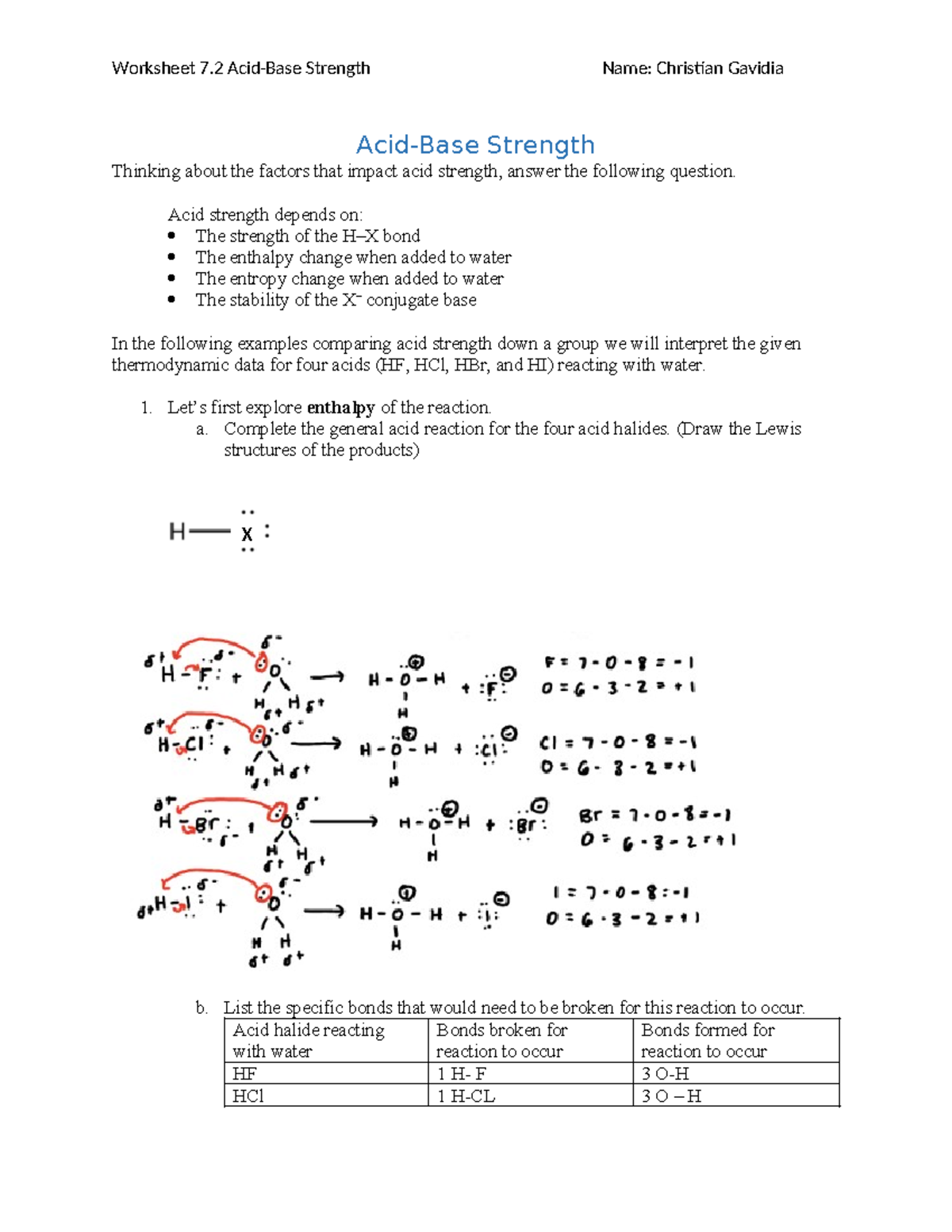 Christian Gavidia Worksheet 7.3 Acid-Base Strength - Acid-Base Strength ...