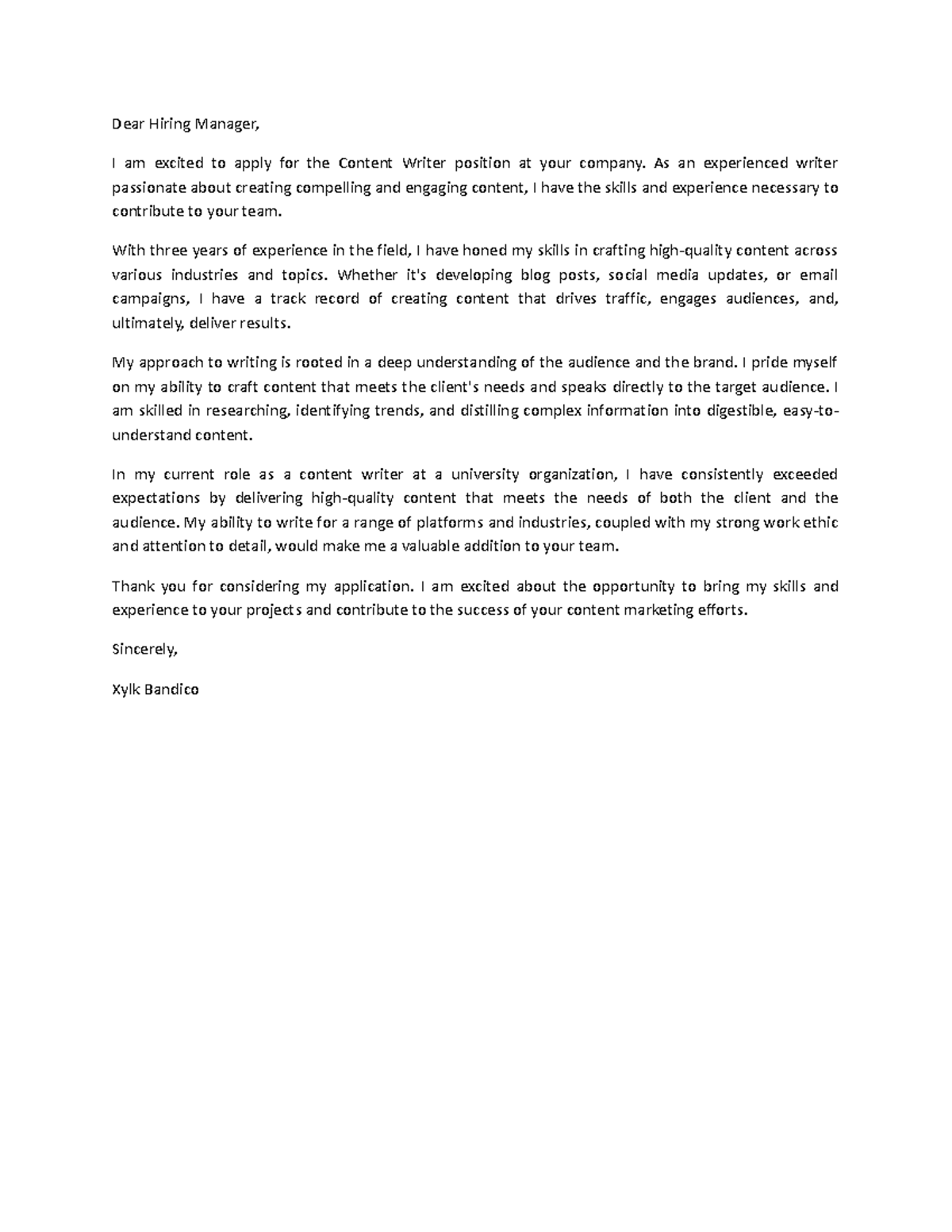 Content Writing Cover Letter - Dear Hiring Manager, I am excited to ...