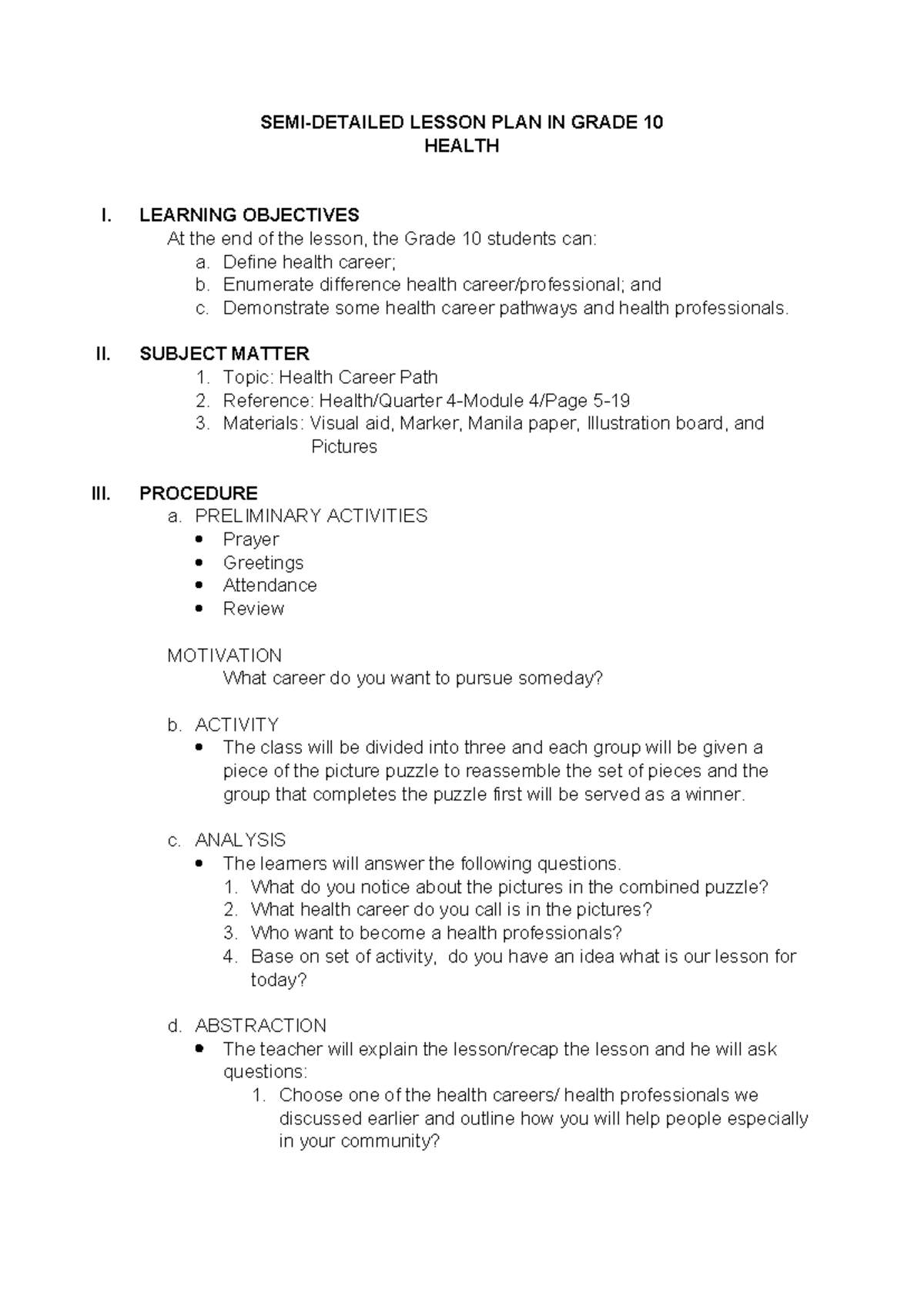Lesson PLAN Health - SEMI-DETAILED LESSON PLAN IN GRADE 10 HEALTH I ...