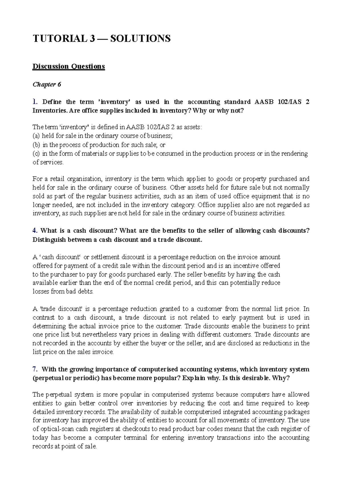 26710560 - Acct - TUTORIAL 3 — SOLUTIONS Discussion Questions Chapter 6 1. Define the term - Studocu