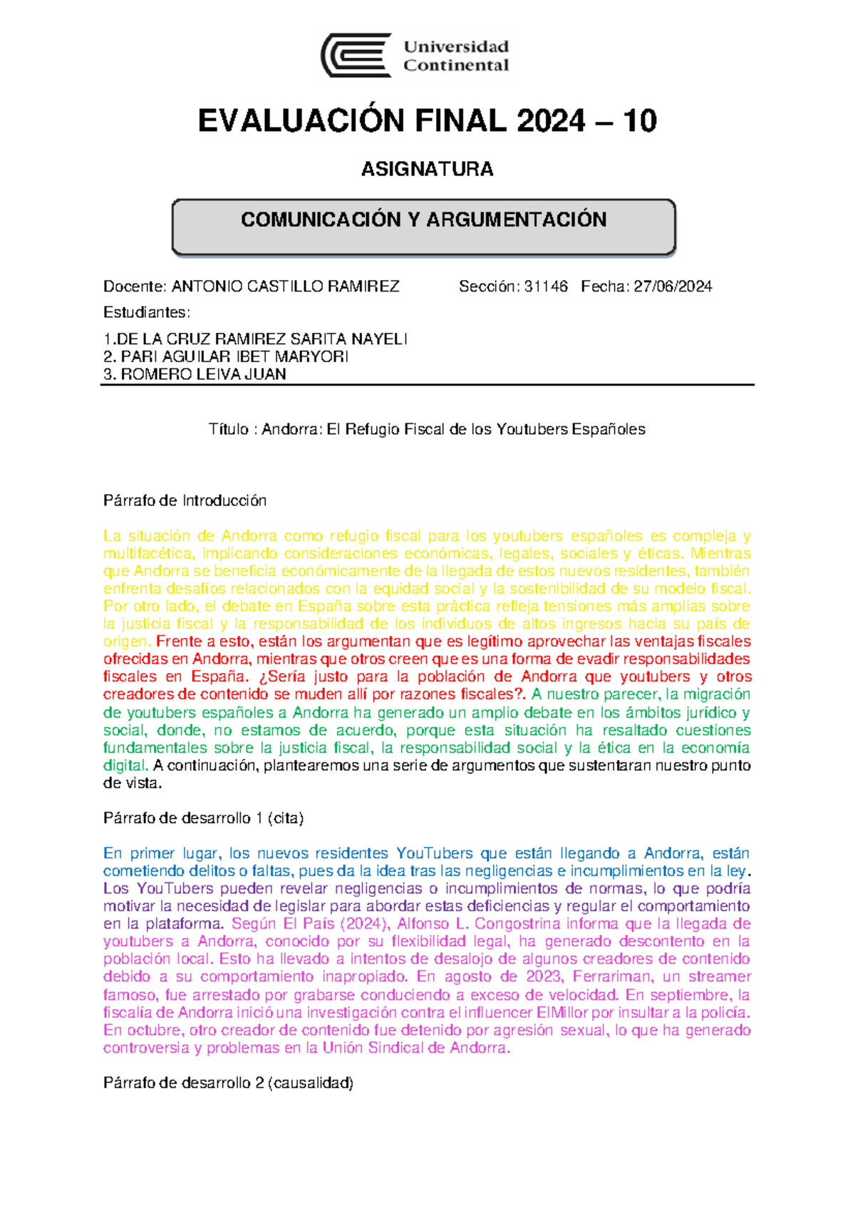 Examen Final Comunicacion y Argumentacion - EVALUACIÓN FINAL 2024 – 10 ASIGNATURA Docente ...