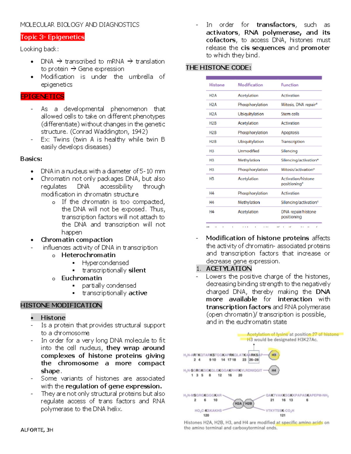 epigenetics- lecture notes - MOLECULAR BIOLOGY AND DIAGNOSTICS Topic 3 ...
