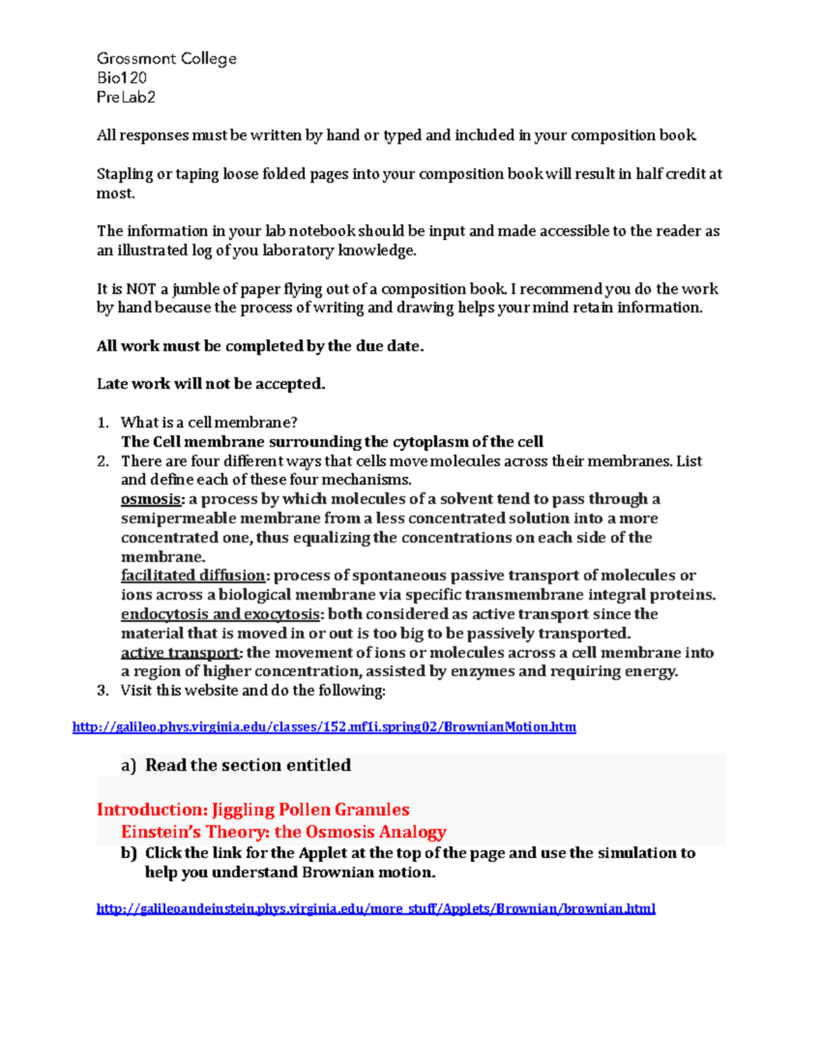 Pre Lab #2 - Bio 120 Pre Lab - Grossmont College Bio PreLab All ...