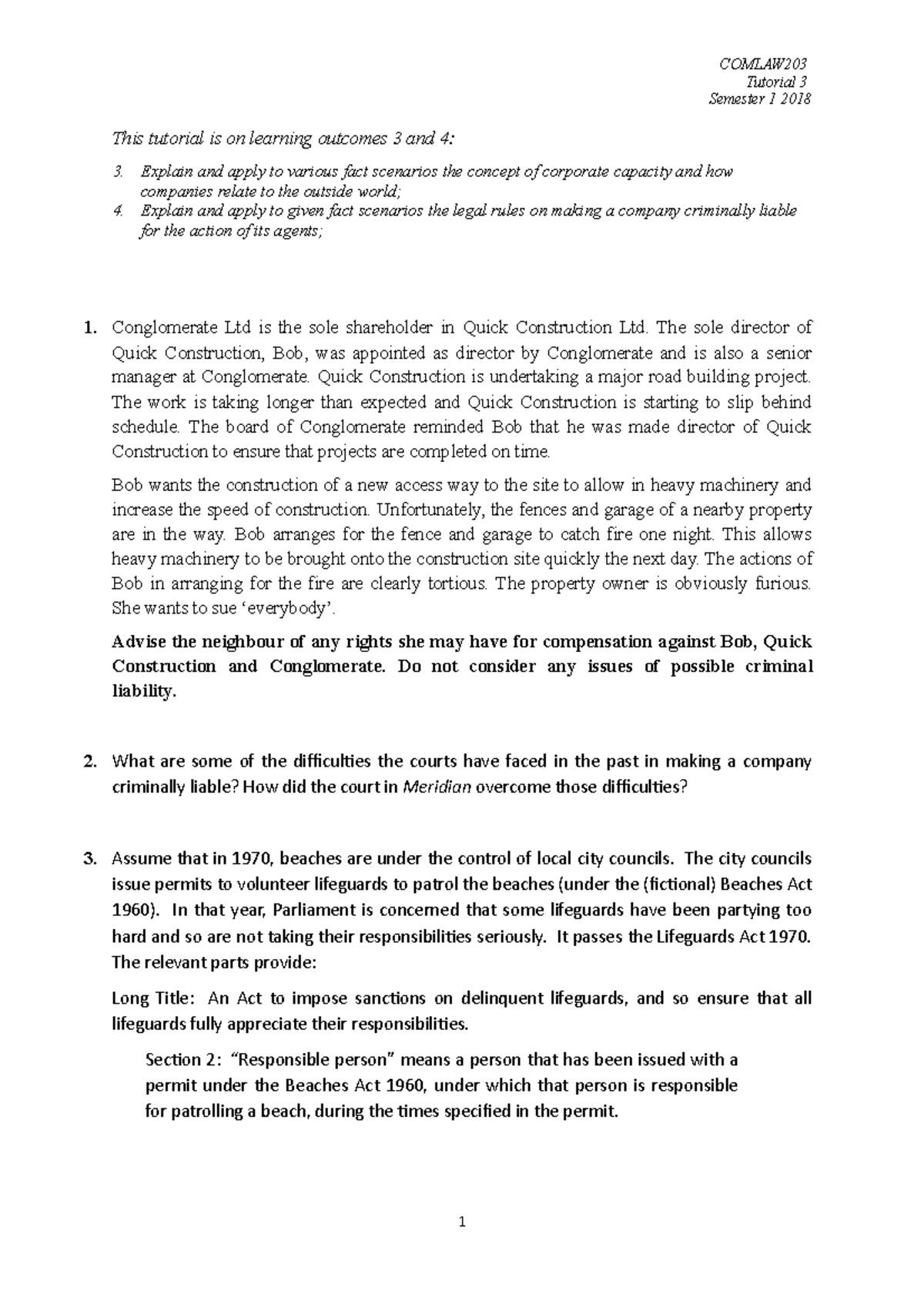 Tutorial 3 comlaw 203 SC 2017 Questions and worksheet - Tutorial 3 ...