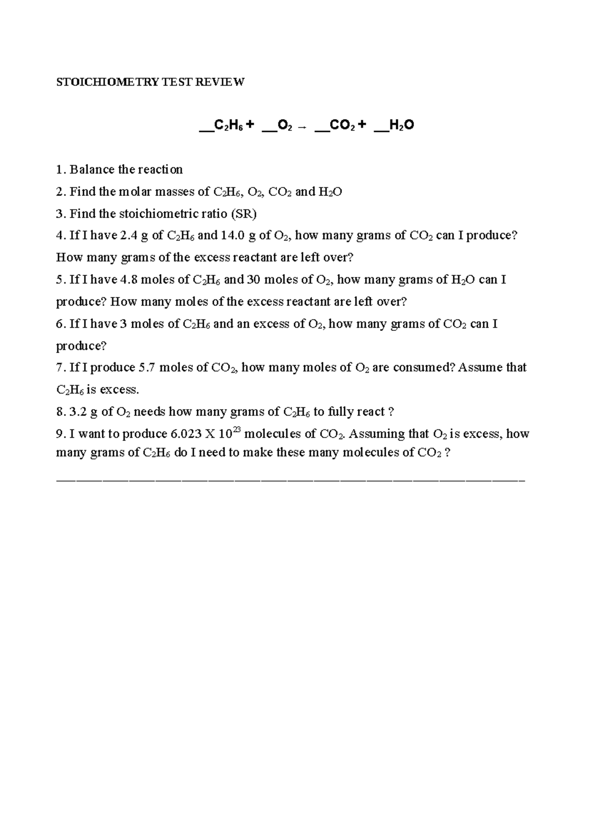 Stoichiometry-test-review - STOICHIOMETRY TEST REVIEW __C 2 H 6 + __O 2 ...