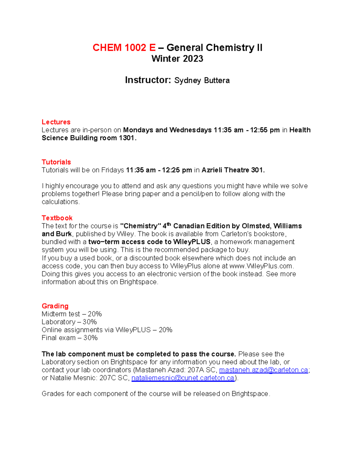CHEM 1002 E course outline - Winter 20231 - CHEM 1002 E – General ...