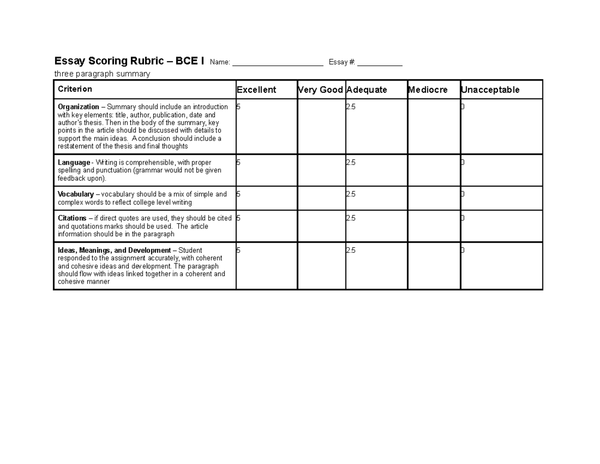 Three+paragraph rubric 4) - Essay Scoring Rubric – BCE I Name ...
