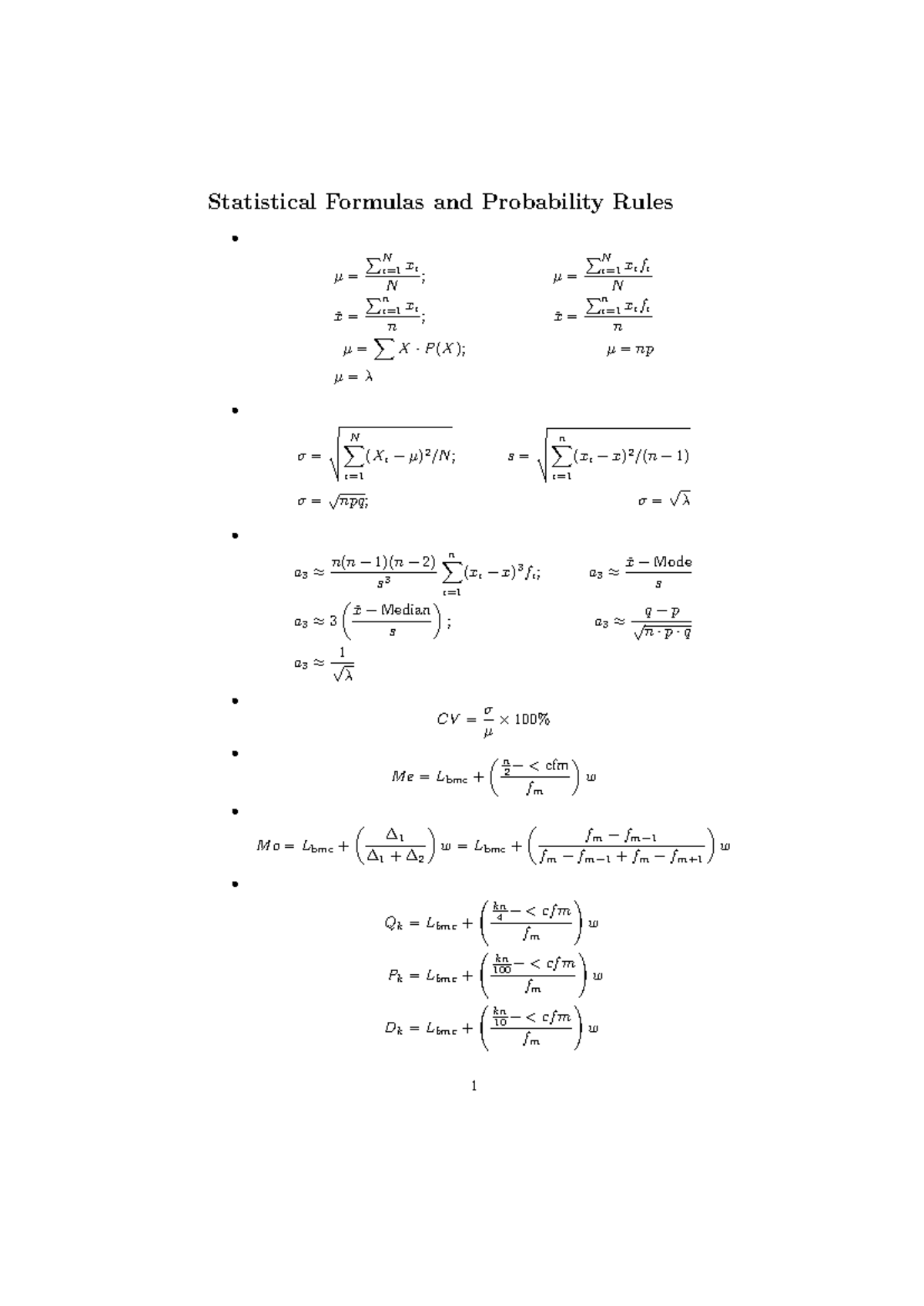 Formula Sheet-2 - Statistical Formulas and Probability Rules μ = ∑N i= xi N ; μ = ∑N i= xifi N x ...