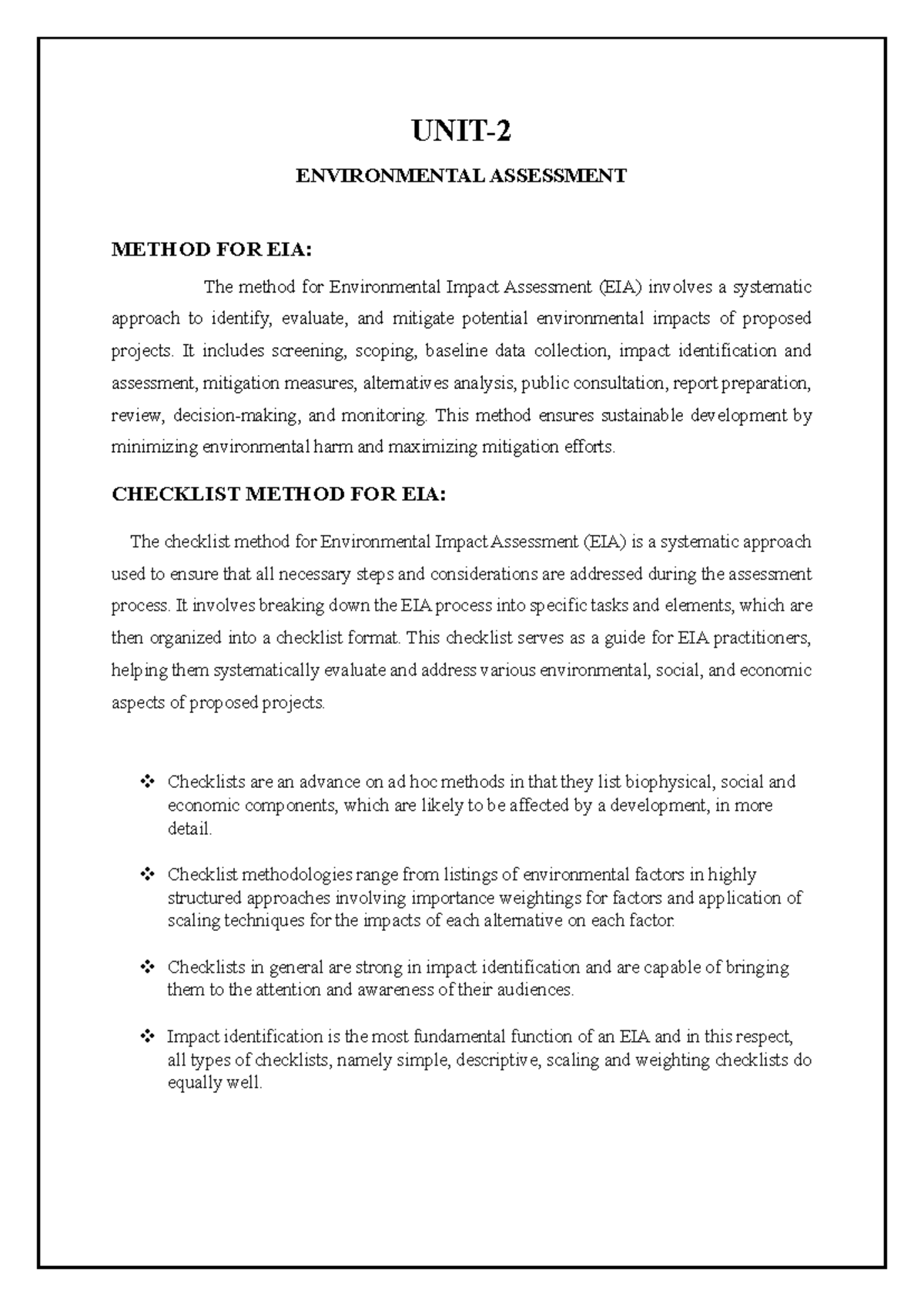 Unit2environment - UNIT- 2 ENVIRONMENTAL ASSESSMENT METHOD FOR EIA: The ...