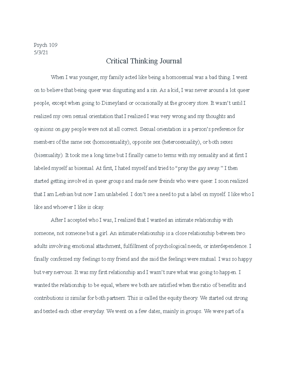 Critical Thinking Journal - Psych 109 5/3/ Critical Thinking Journal ...