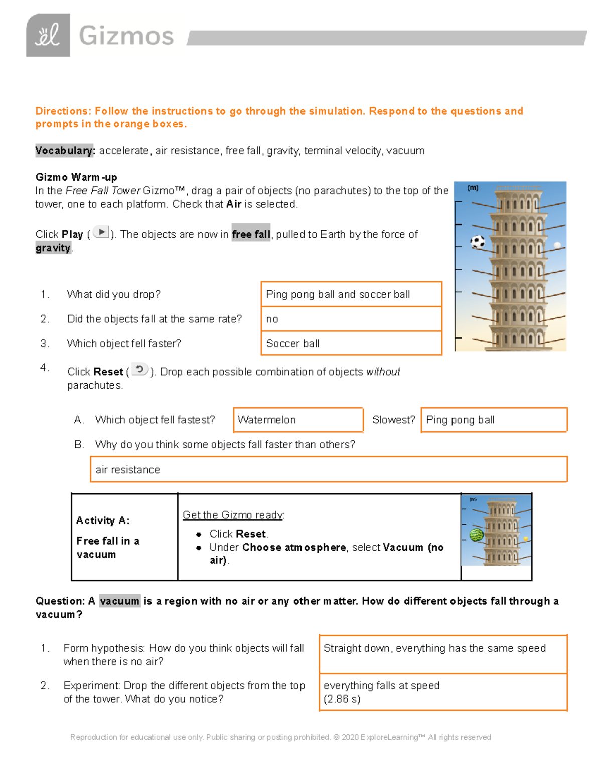 Copy of 2.8 Free Fall Tower Student Sheet - Directions: Follow the ...
