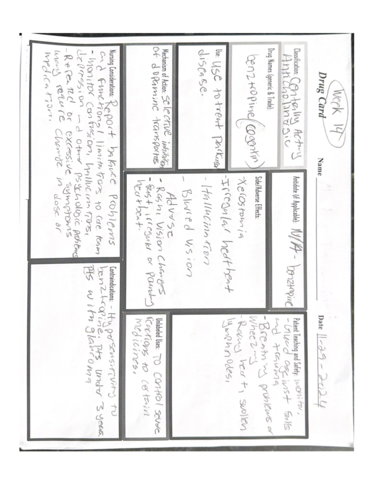 Week 14 drug Card - Completed drug card for benztropine and levodopa ...