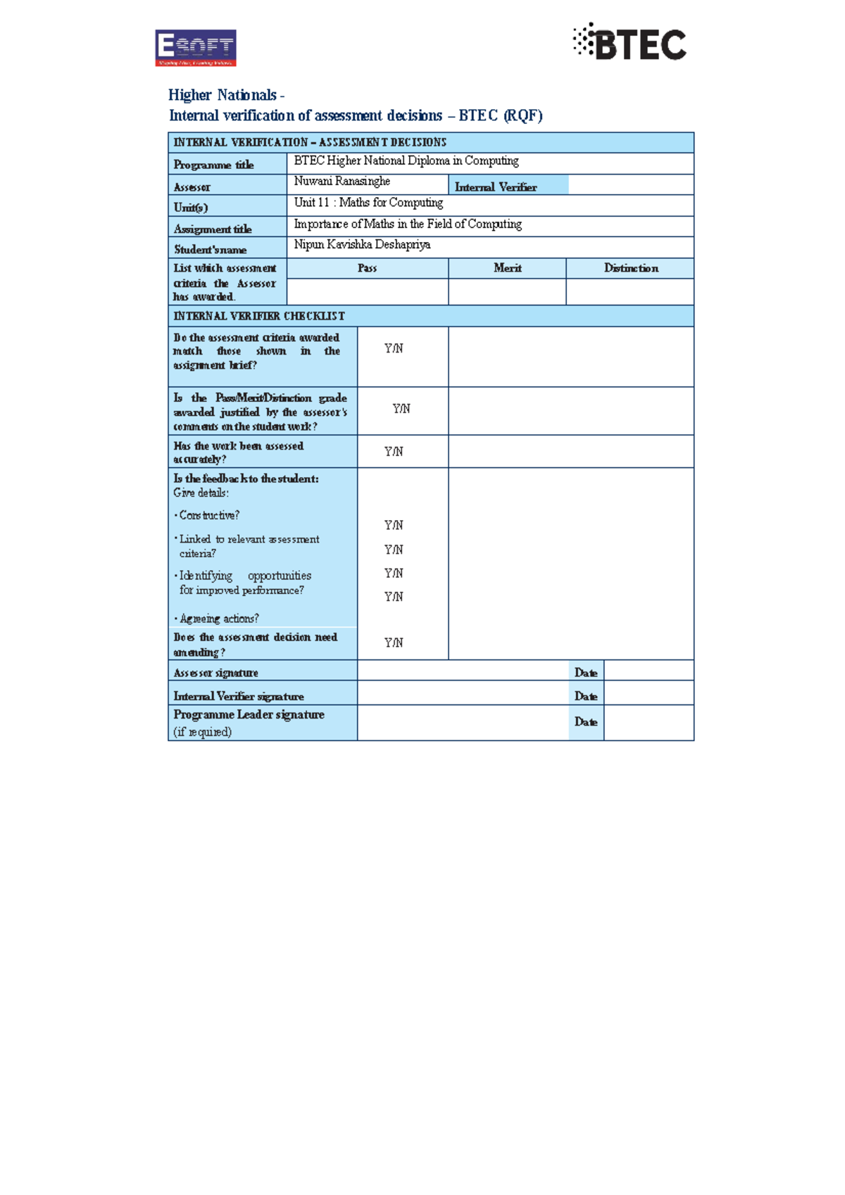 Maths-assignment compress - Higher Nationals - Internal verification of assessment decisions ...