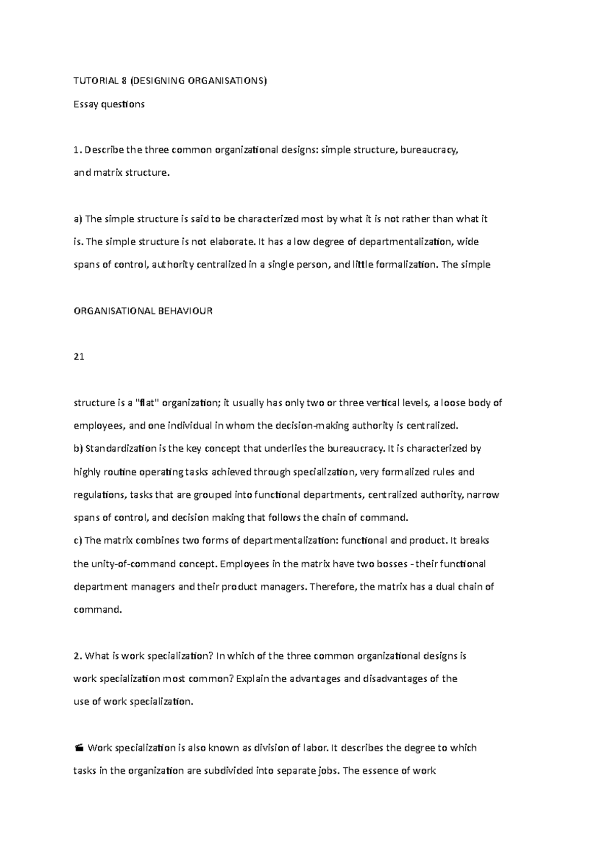 Organizational Behavior Tutorial 8 - TUTORIAL 8 (DESIGNING ...