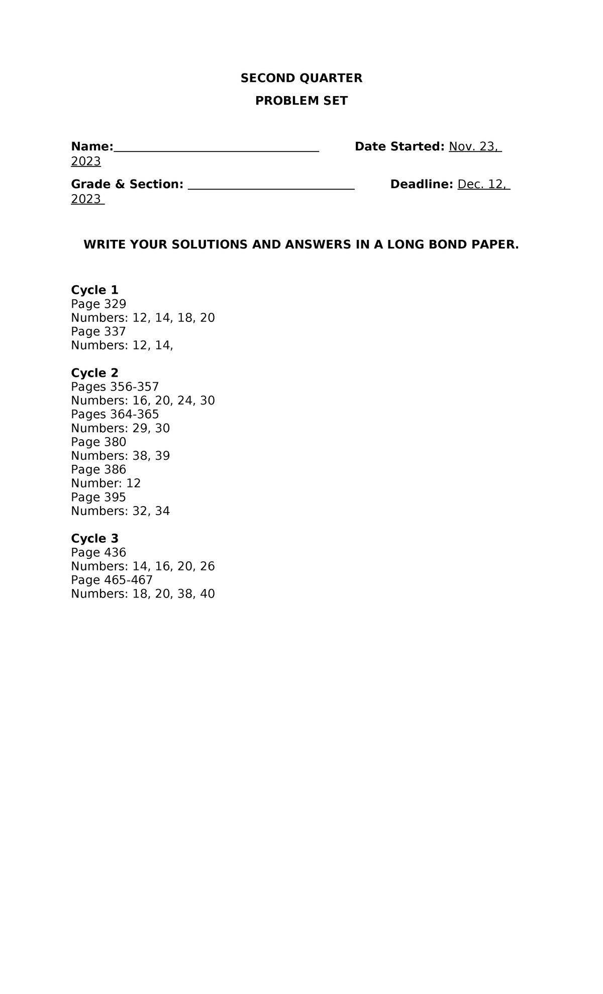 Second Quarter Problem SET - general math - SECOND QUARTER PROBLEM SET ...