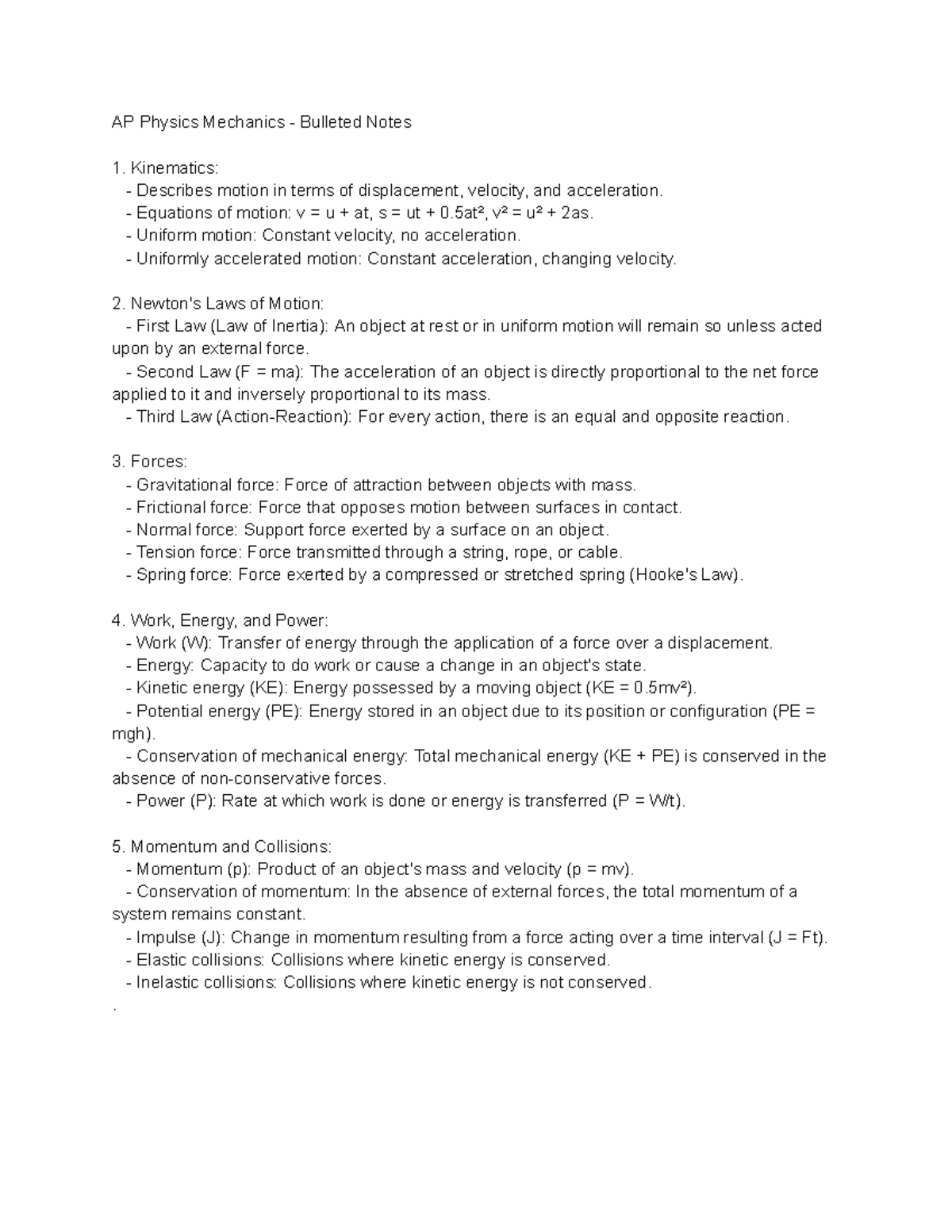 Physics Notes - AP Physics Mechanics - Bulleted Notes Kinematics ...