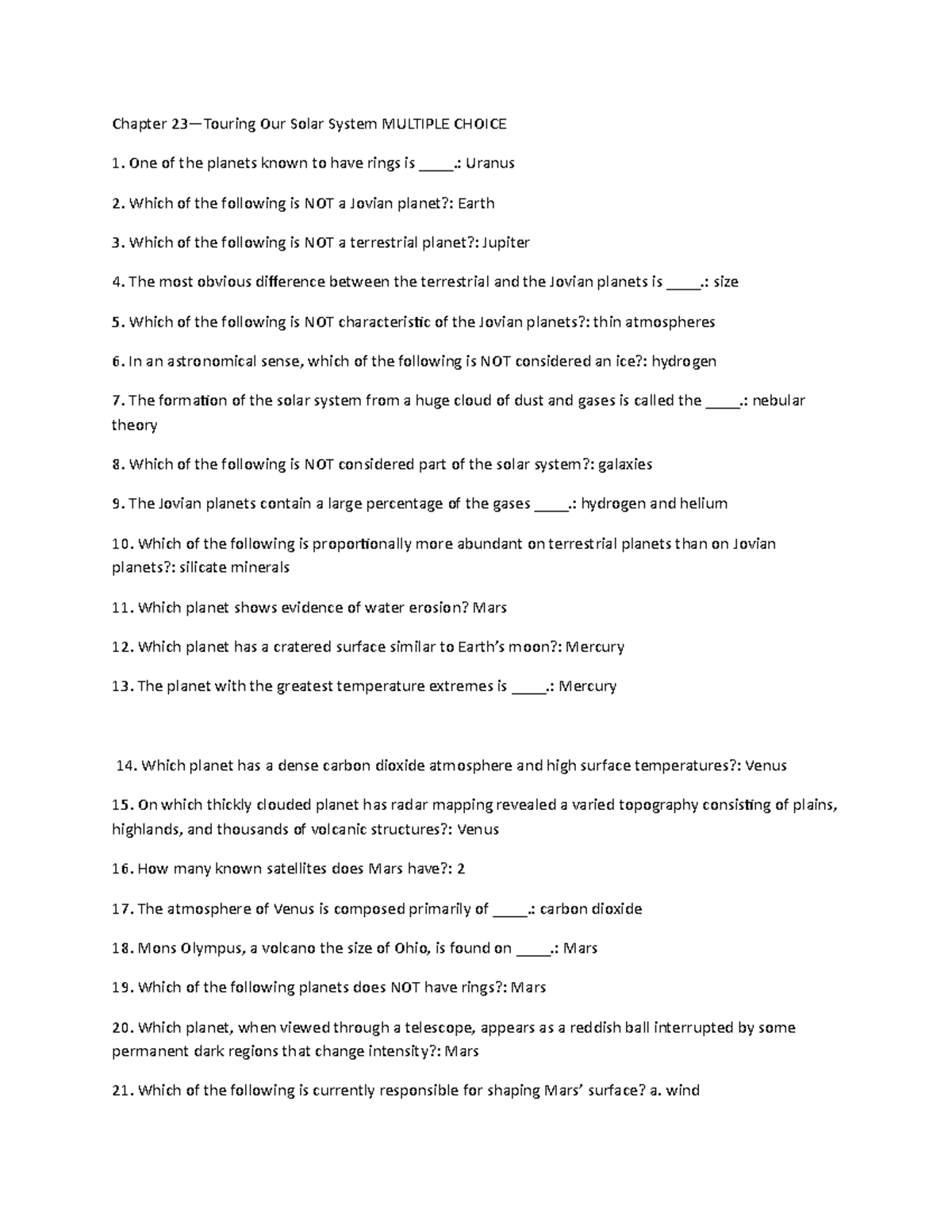 Chapter 23 - Chapter 23—Touring Our Solar System MULTIPLE CHOICE One of ...