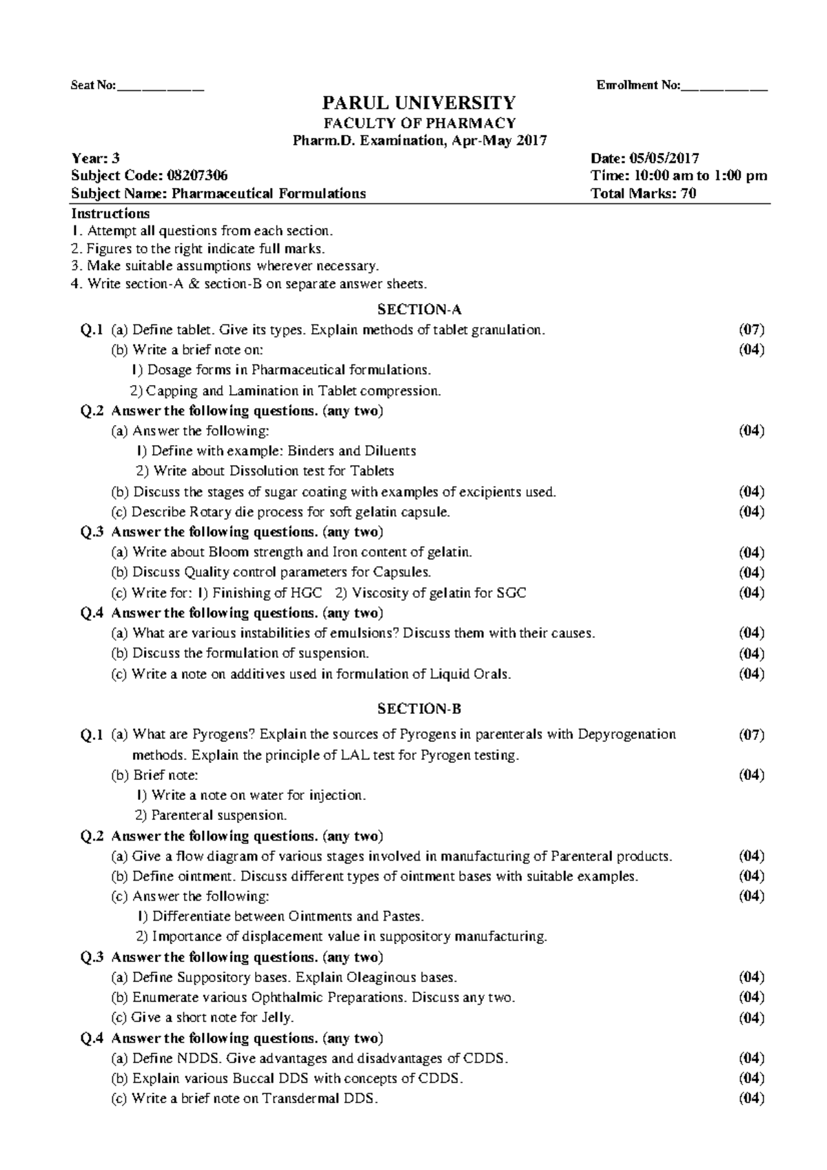 08207306 188 Question Paper - Seat No:______________ Enrollment No ...