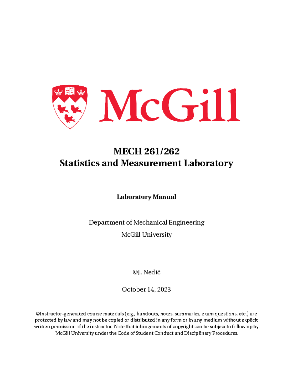 Lab2 Manual - MECH 261/ Statistics and Measurement Laboratory ...