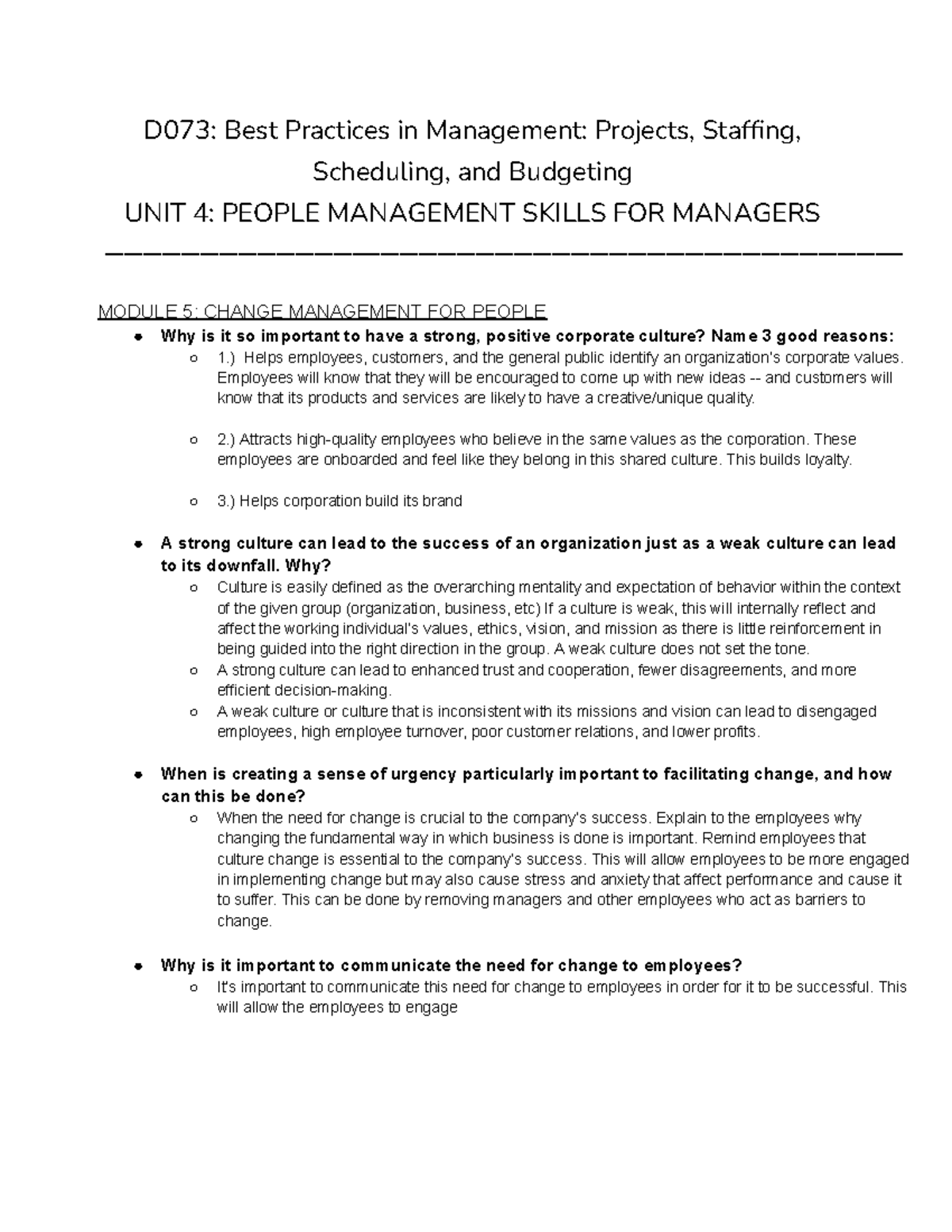 UNIT 4 Study Guide D073 - my notes - D073: Best Practices in Management ...