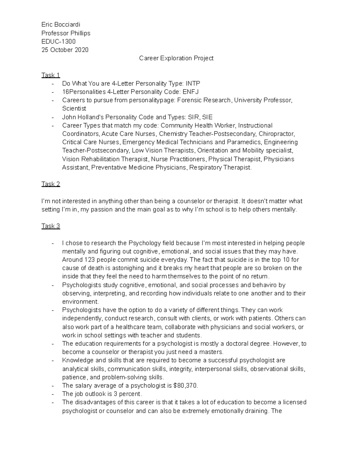 Career Exploration Project - Eric Bocciardi Professor Phillips EDUC- 25 ...