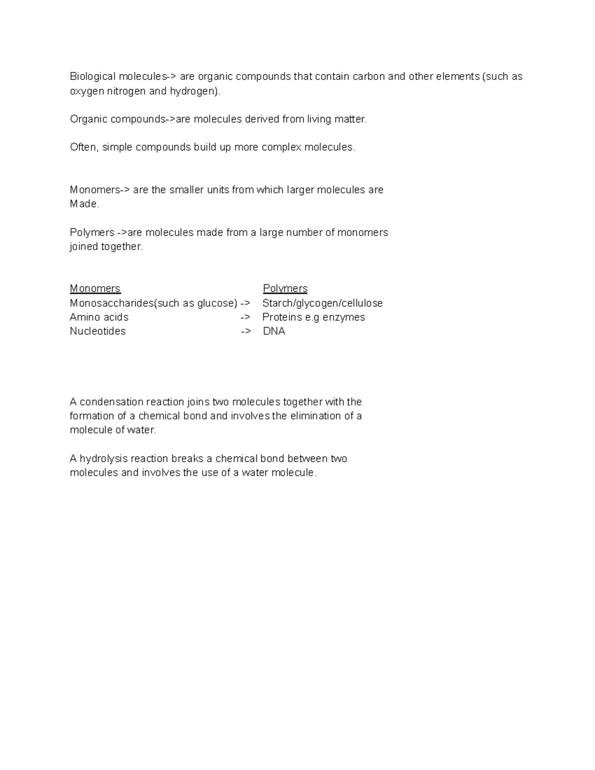 Monomers and polymers - notes - Biological molecules-> are organic ...