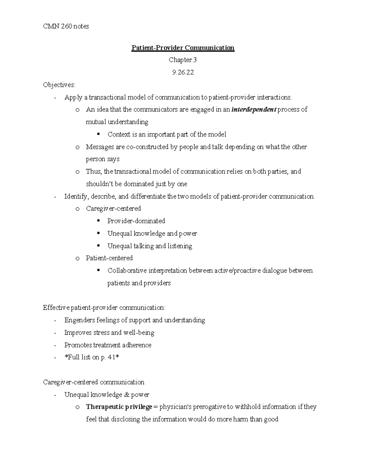 Patient-provider communication 9 - CMN 260 notes Patient-Provider ...