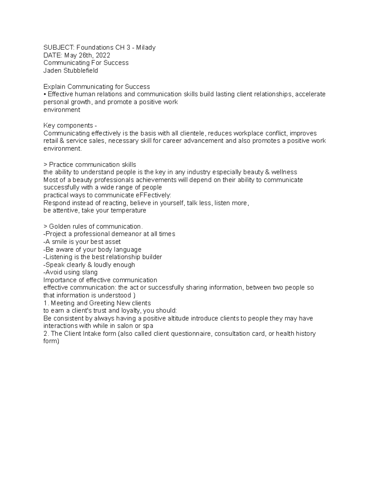 Communicating for Success - SUBJECT: Foundations CH 3 - Milady DATE ...