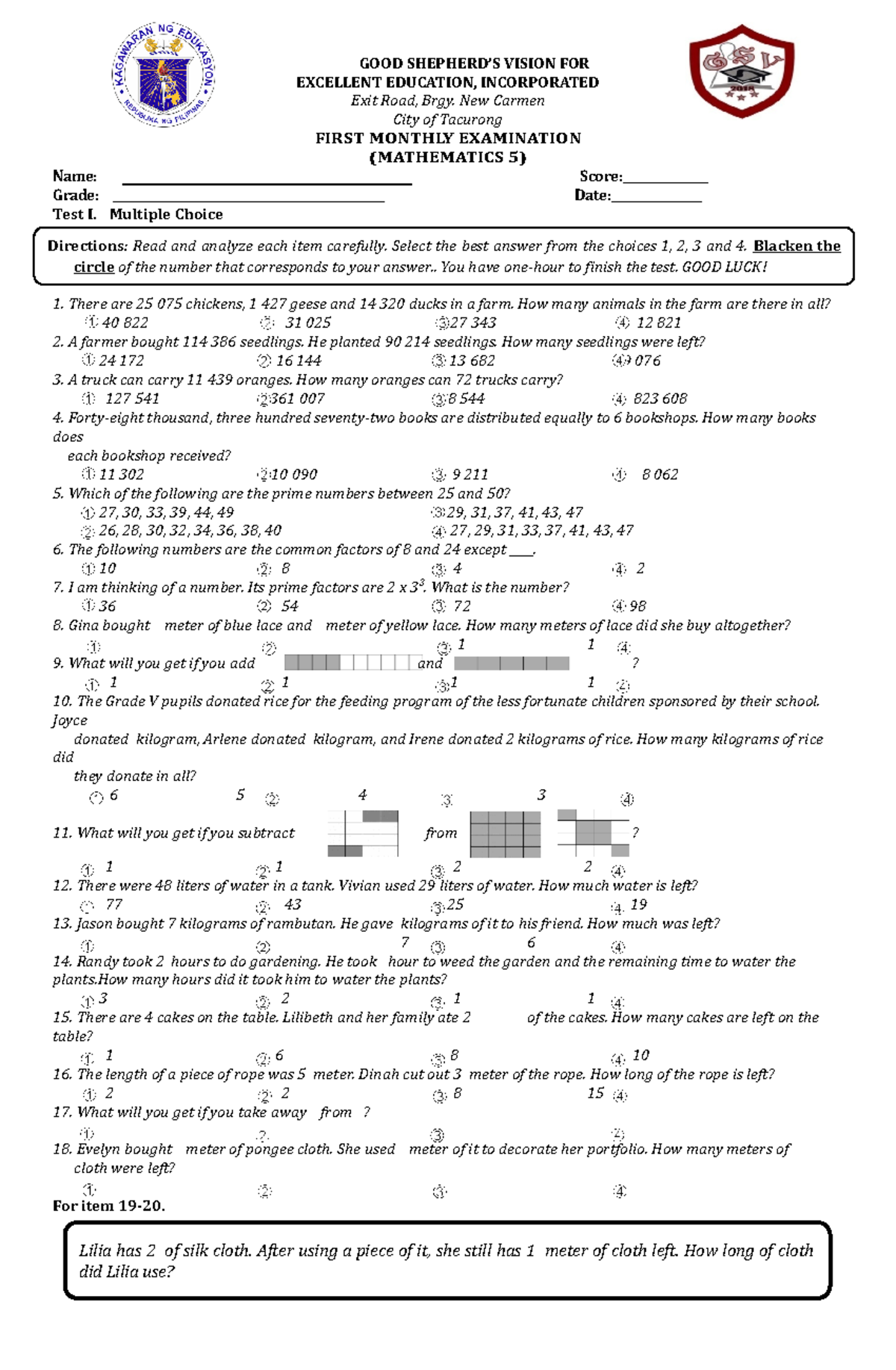 5-Math-1 - exam - GOOD SHEPHERD’S VISION FOR EXCELLENT EDUCATION, INCORPORATED Exit Road, Brgy ...