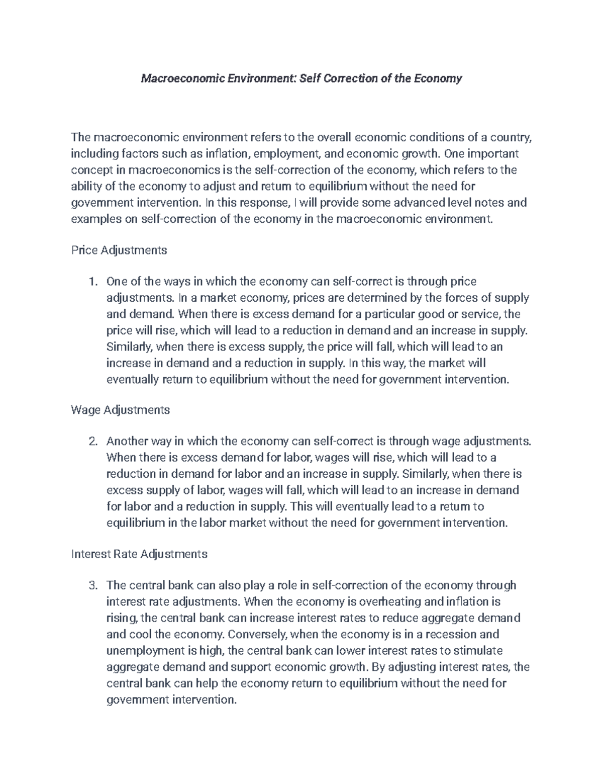Notes on Macroeconomic Environment Self Correction of the Economy ...