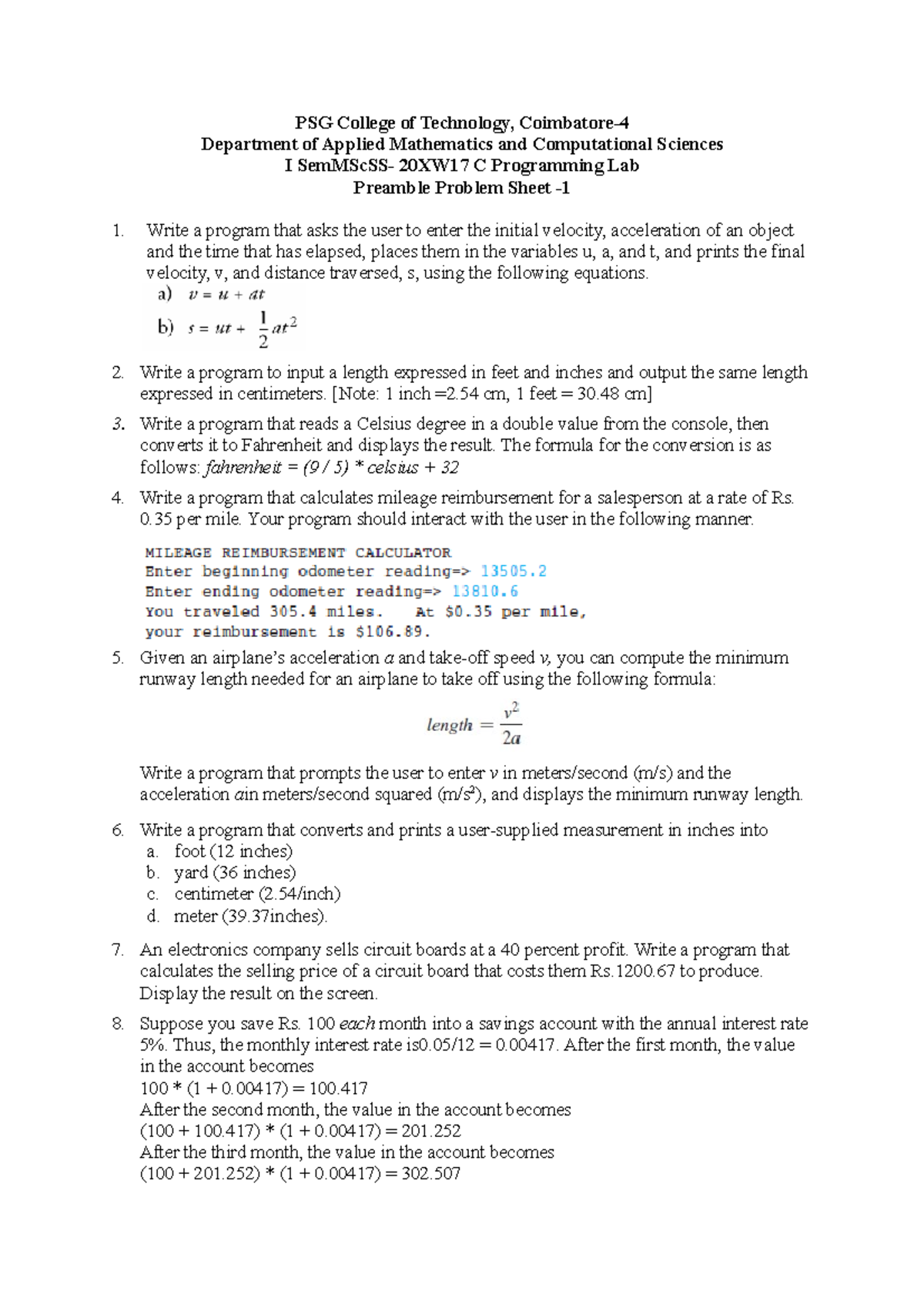 Preamble Problem Sheet - 1 - PSG College of Technology, Coimbatore- Department of Applied - Studocu