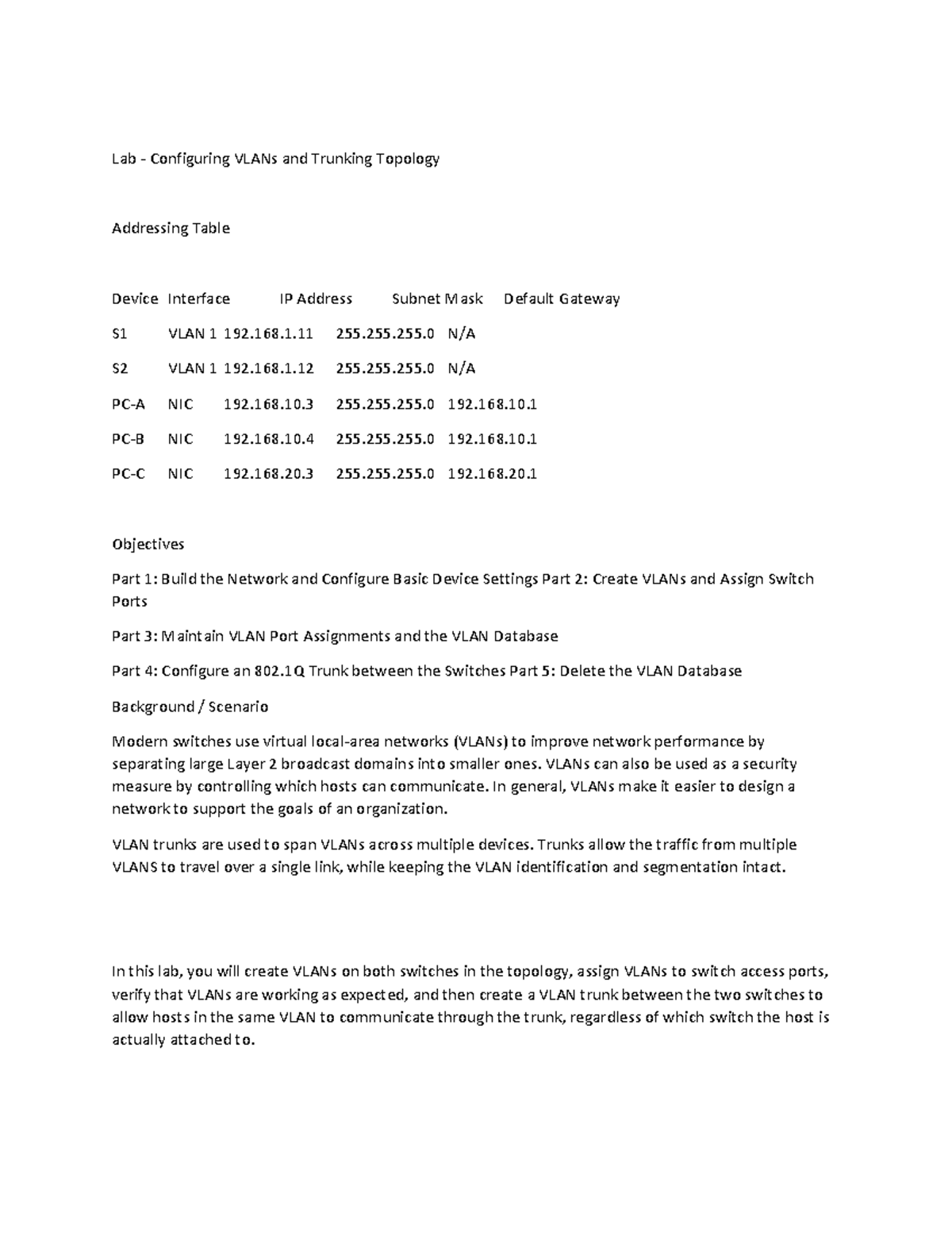 Lab 8 Lab 8 Notres Lab Configuring Vlans And Trunking Topology Addressing Table Device