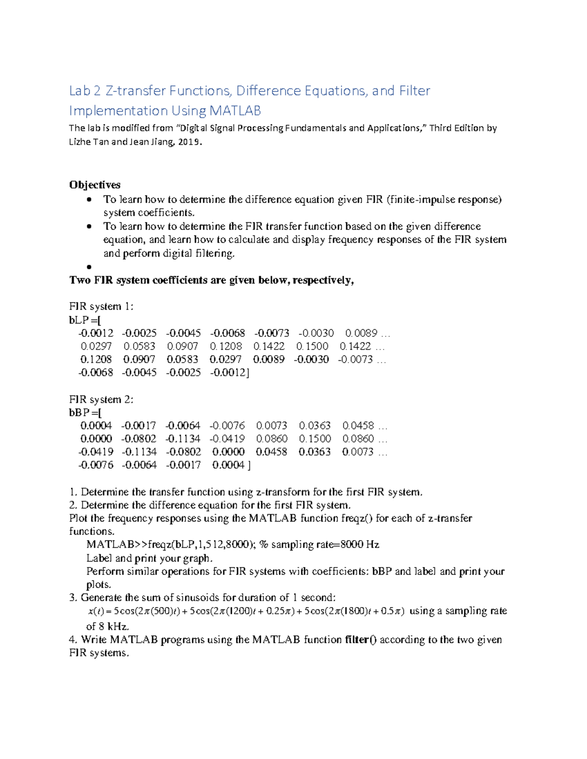 Lab2 manual 08 02 2022 - Lab 2 Z-transfer Functions, Difference Equations, and Filter ...