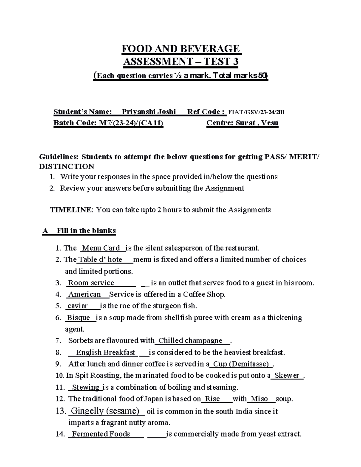 Food & beverage - FOOD AND BEVERAGE ASSESSMENT – TEST 3 (Each question ...