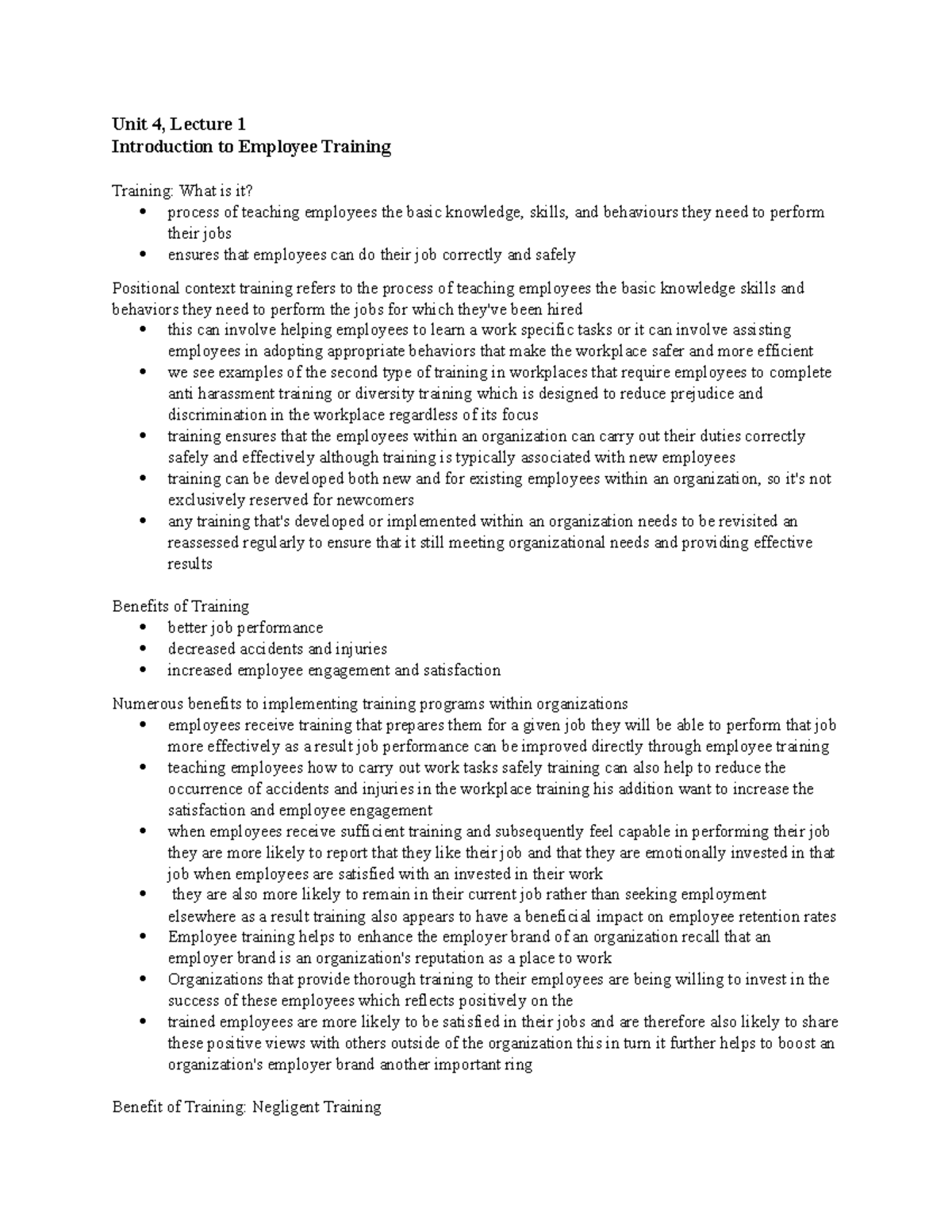 Unit 4 - Lecture notes 4 - Unit 4, Lecture 1 Introduction to Employee ...