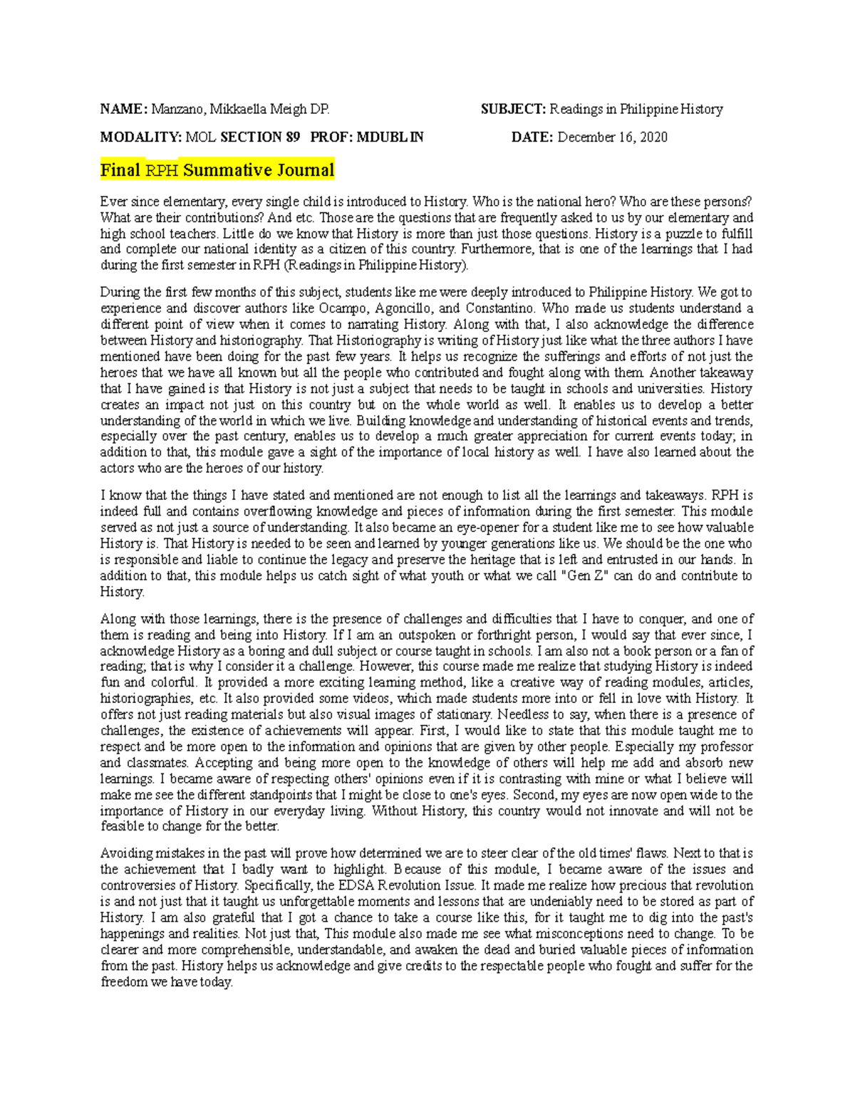 Manzano Summative Journal RPH - NAME: Manzano, Mikkaella Meigh DP ...