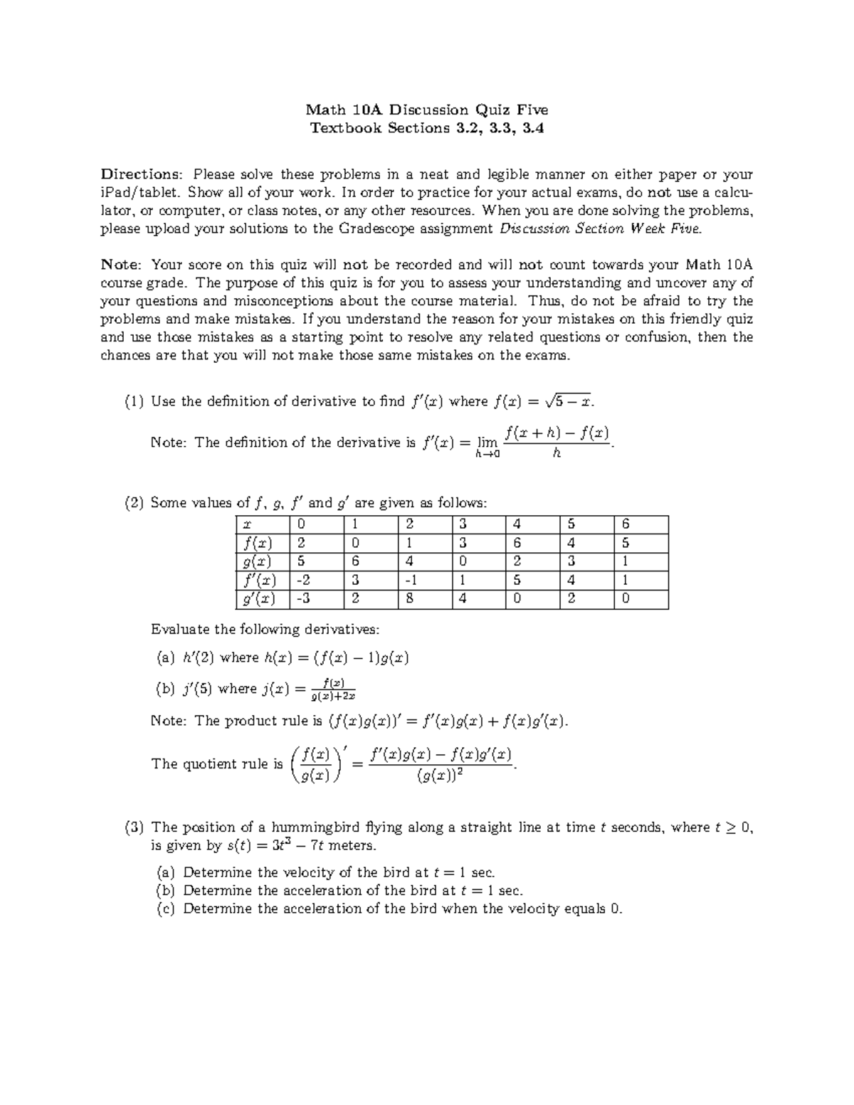 Quiz 5 questions - Math 10a fall quiz 5 practice problems - Math 10A ...