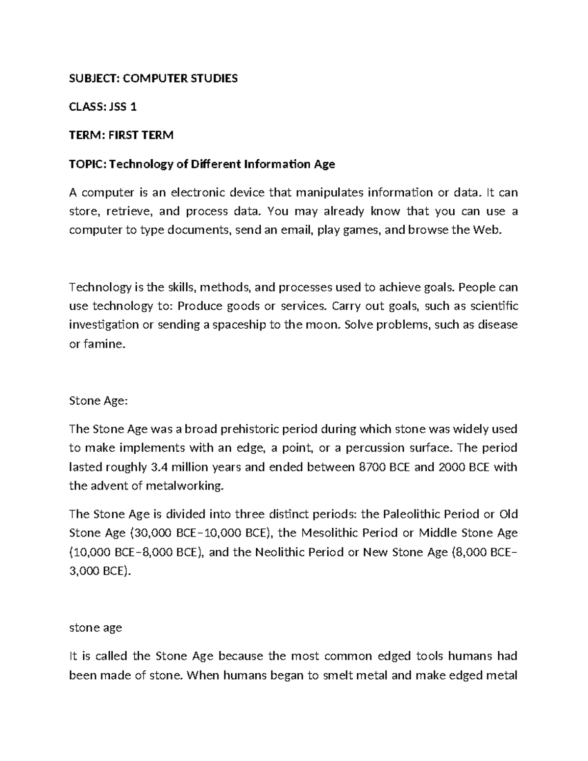 ICT JSS1 WEEK 1 - Note of lesson - SUBJECT: COMPUTER STUDIES CLASS: JSS ...
