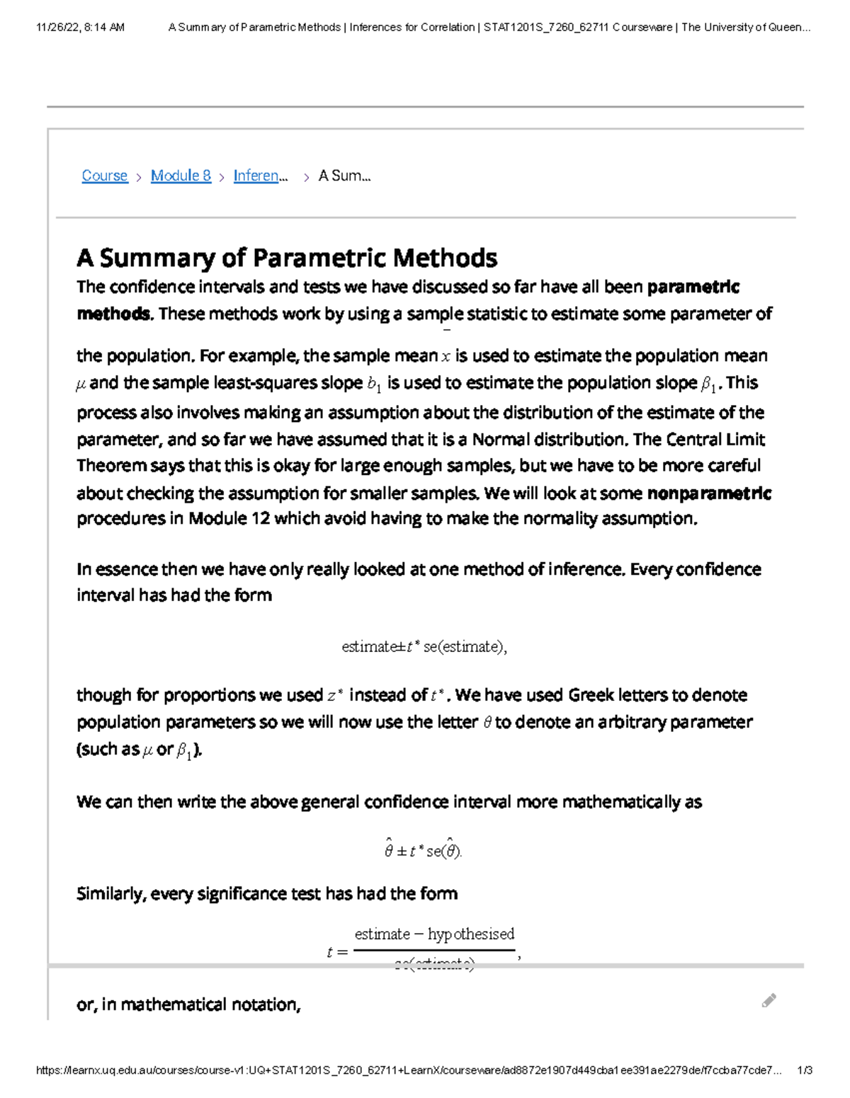 A Summary of Parametric Methods Inferences for Correlation STAT1201 S 7260 62711 Courseware The ...