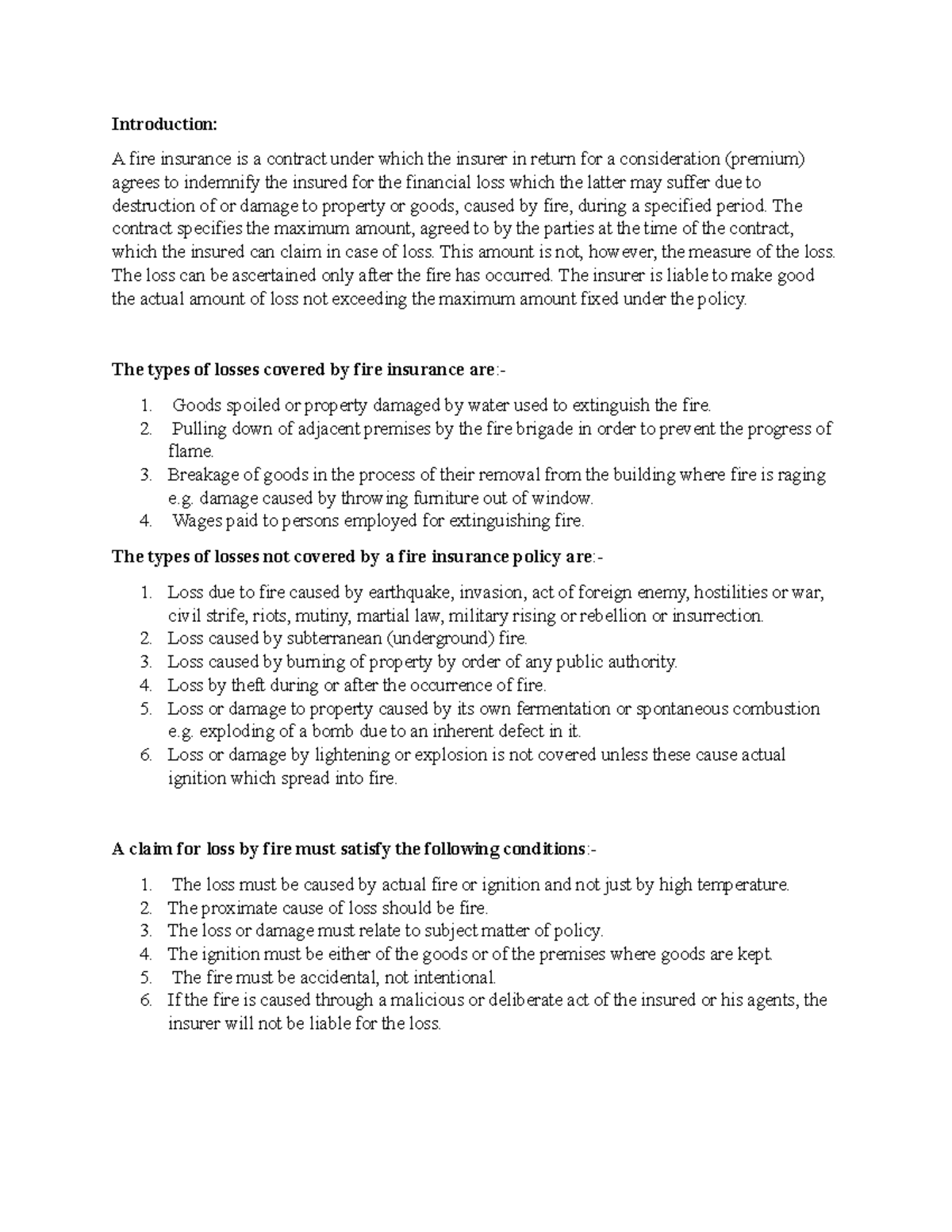 Fire Insurance - Introduction: A fire insurance is a contract under ...