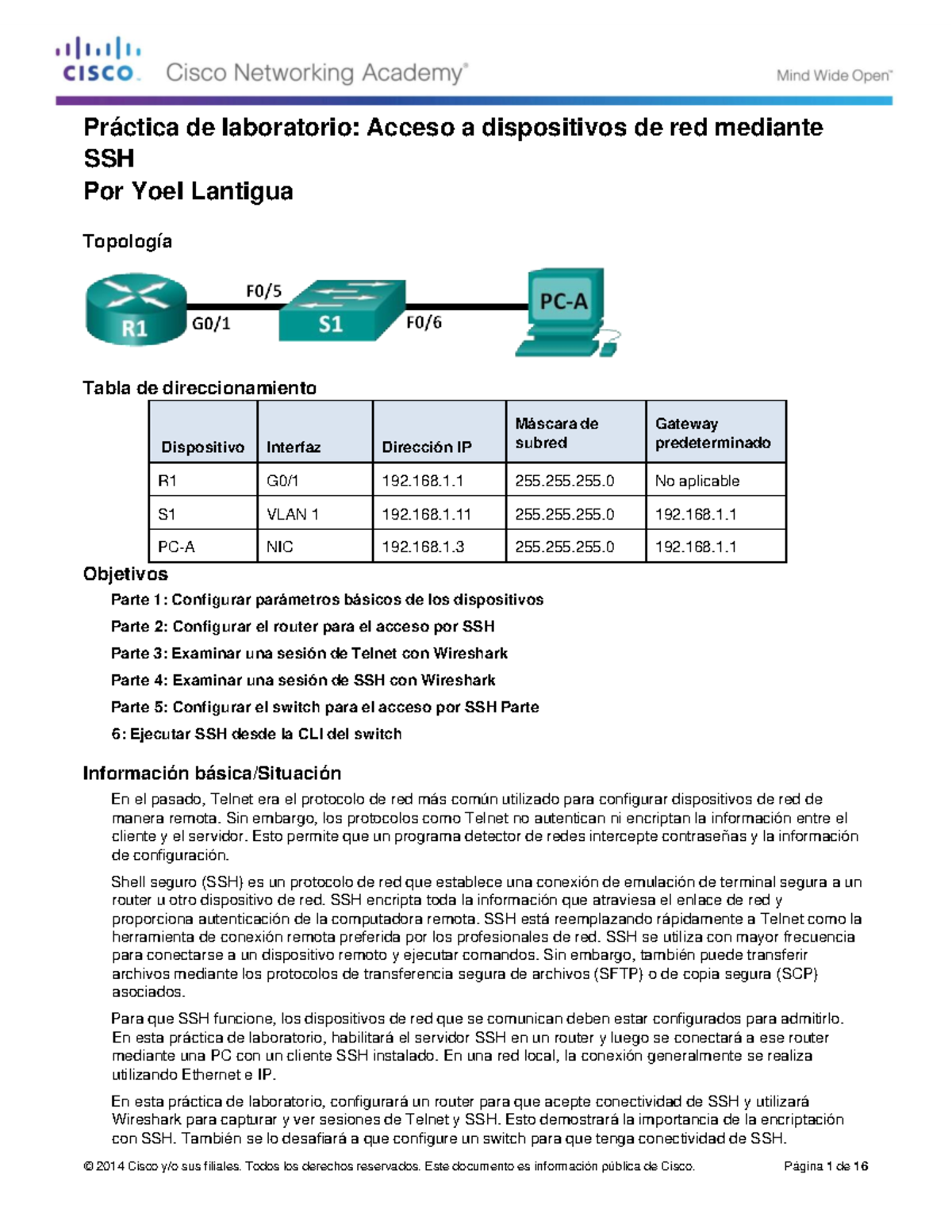 16.4.7 Laboratorio configurar dispositivos de red con SSH - Práctica de laboratorio: Acceso a ...