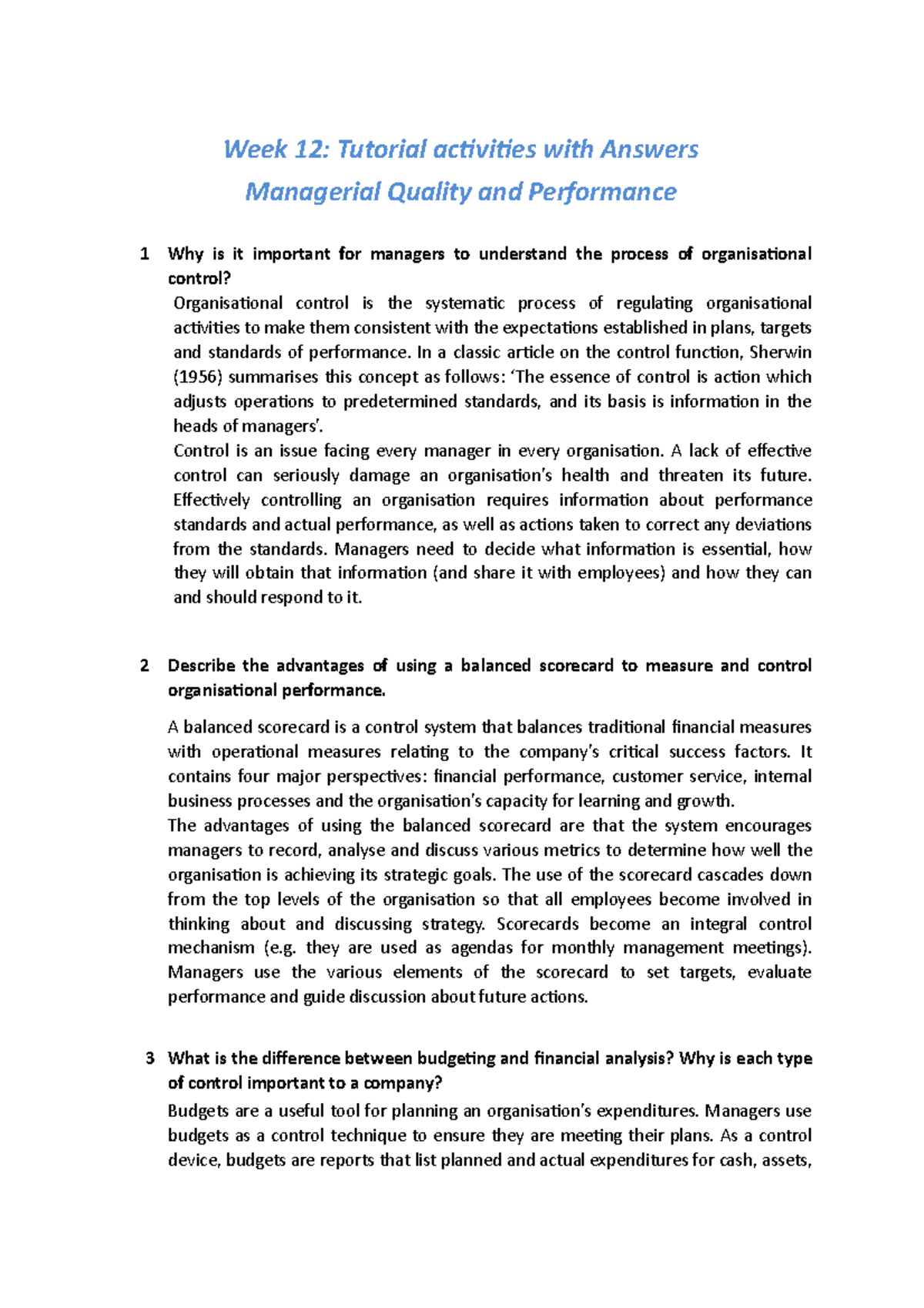 Week 12 Tutorial with answers Management - Week 12: Tutorial activities ...
