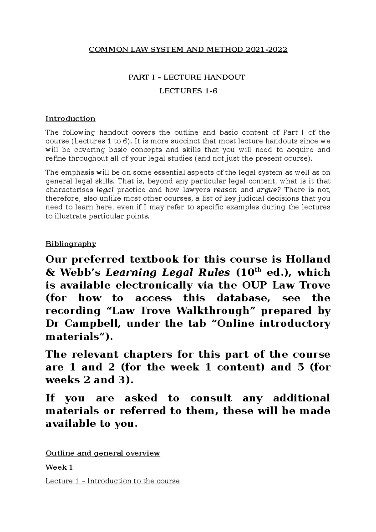Lecture Handouts Weeks 1 3 Lectures 1 6 Common Law System And Method 2021 Part I Lecture