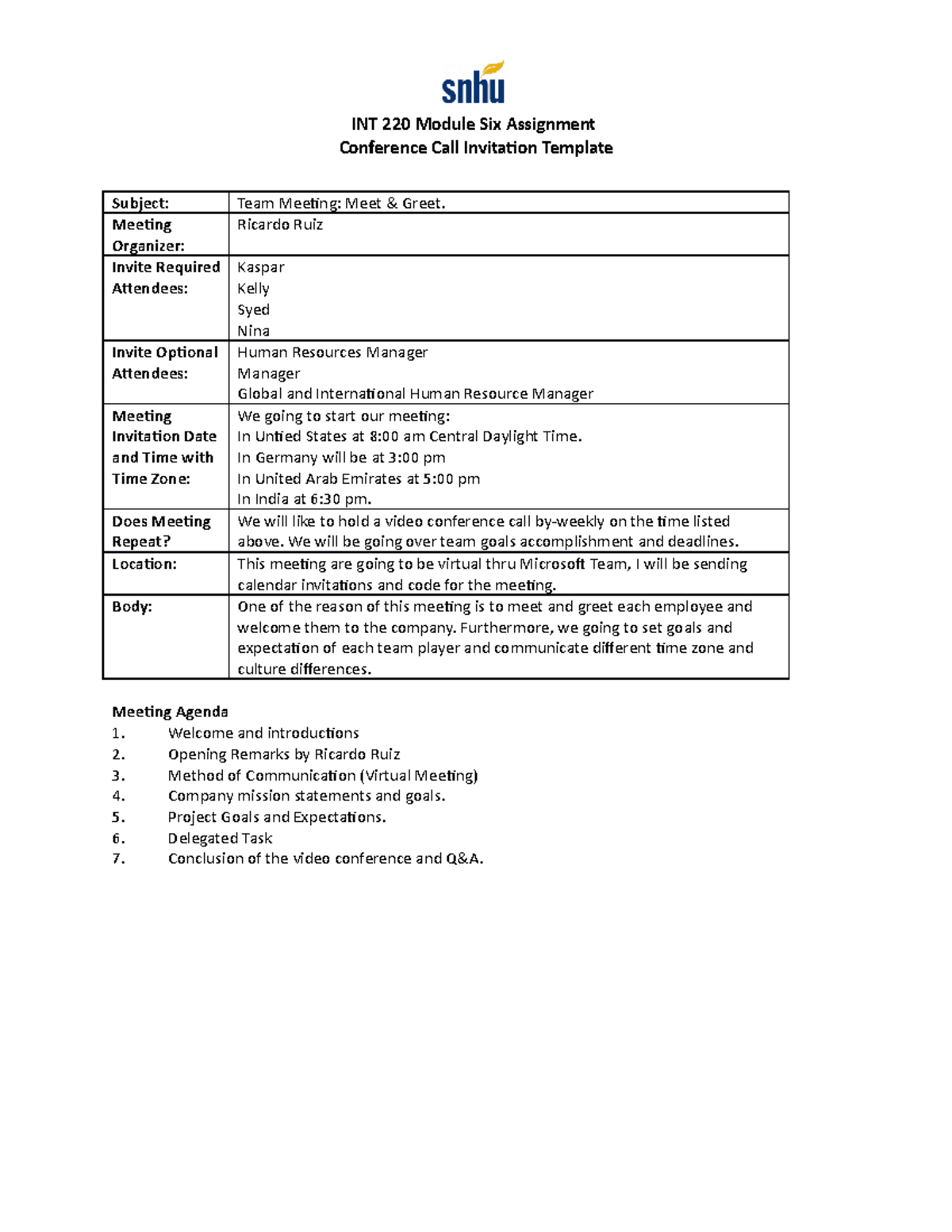 INT 220 Conference Call Invitation Ricardo Ruiz - INT 220 - SNHU - Studocu