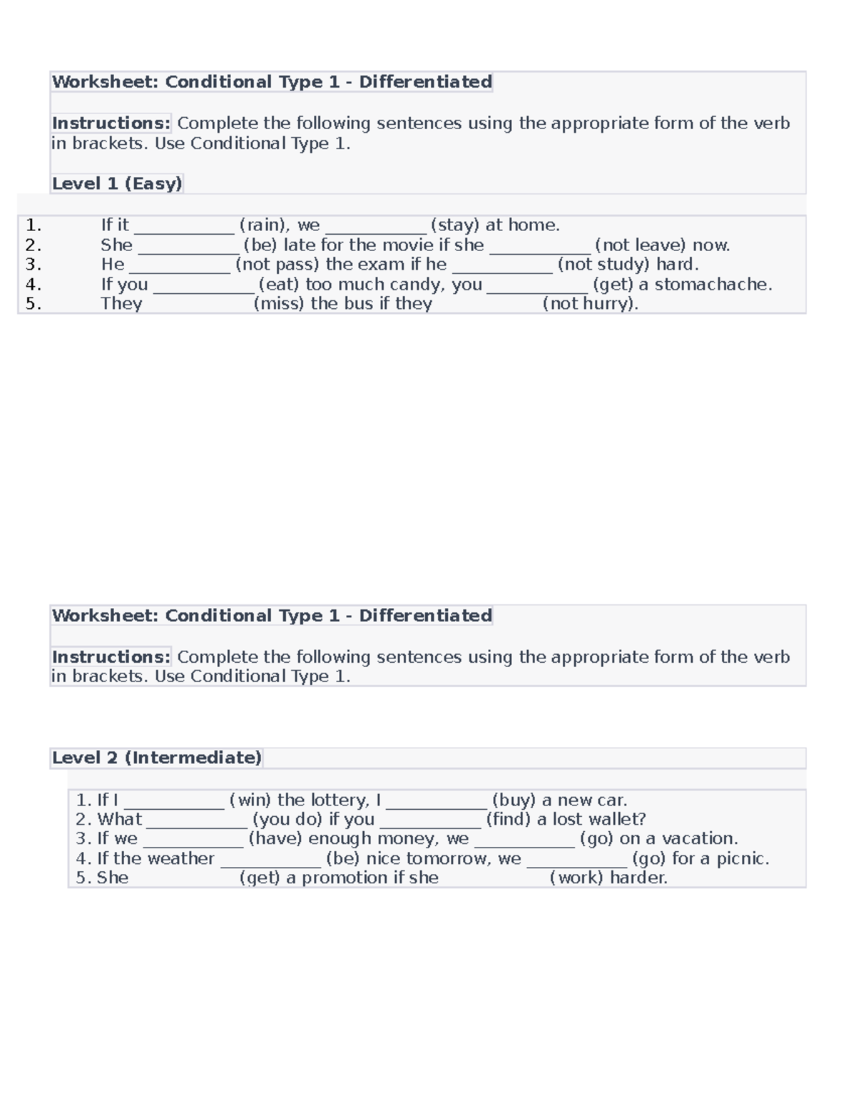 EXIT Ticket Worksheet - This is to check ss understanding - Worksheet: Conditional Type 1 ...