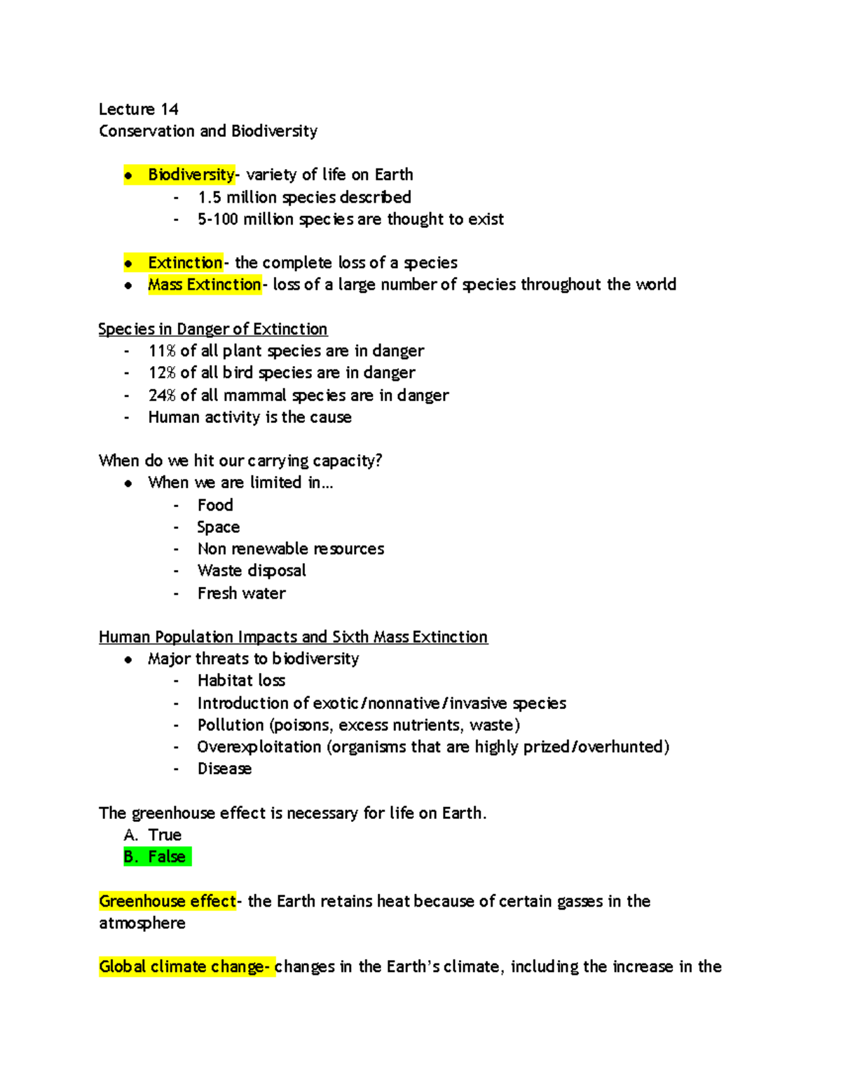 Lecture 14 Conservation and Biodiversity - .. - Food - Space - Non ...